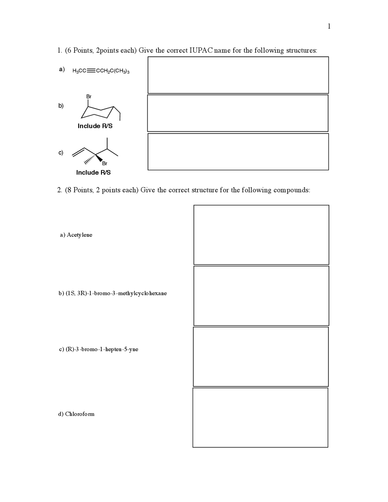 Practice Questions For Organic Chemistry I Cem 251 Docsity