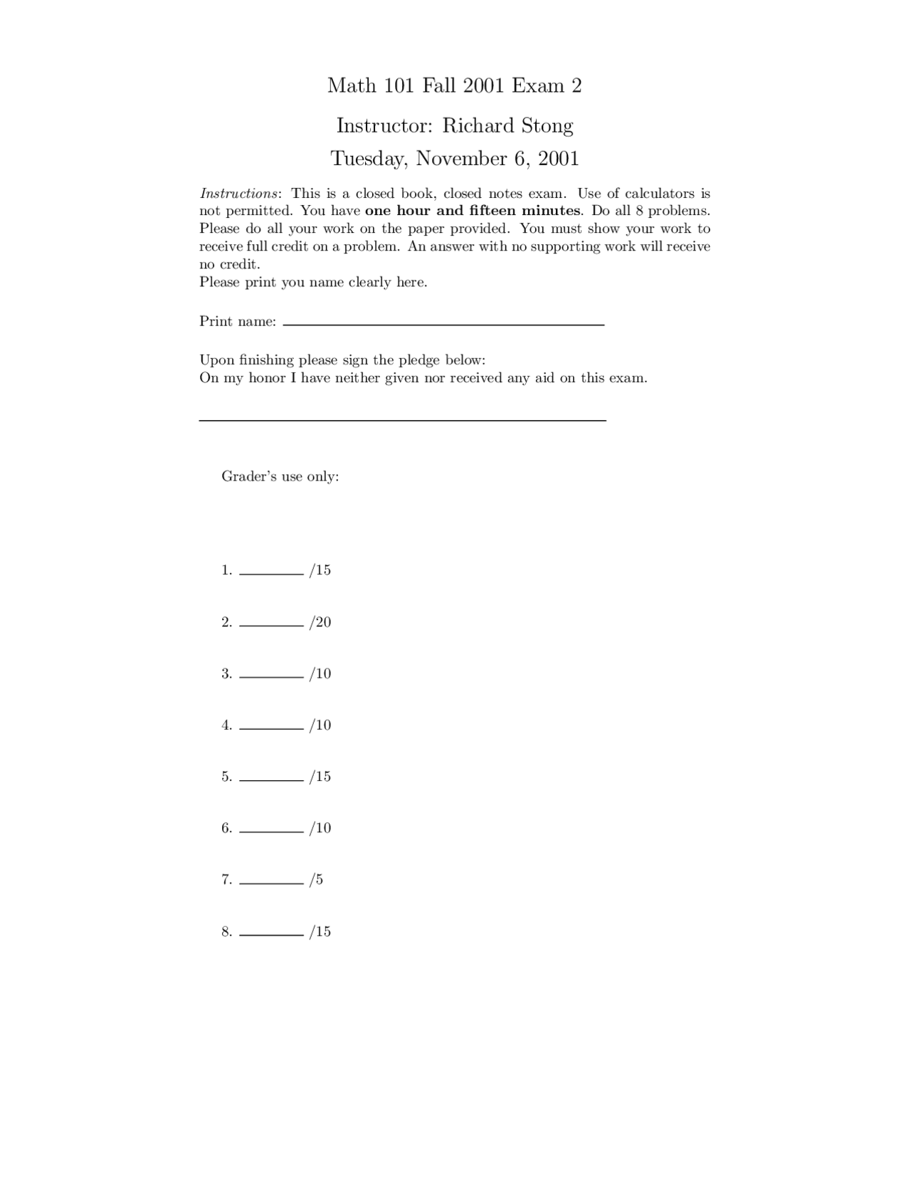 8 Questions For Exam 2 Single Variable Calculus I Math 101 Docsity