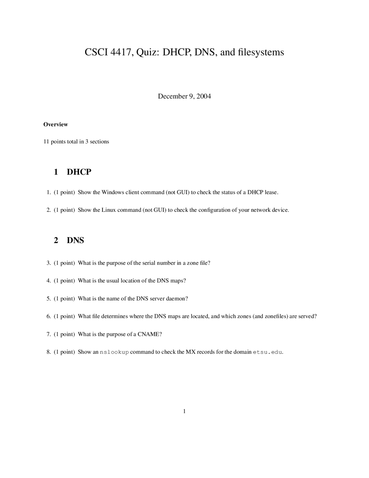 Practice Questions For Quiz Dhcp Dns And File Systems Fall 2004 Csci 4417 Docsity