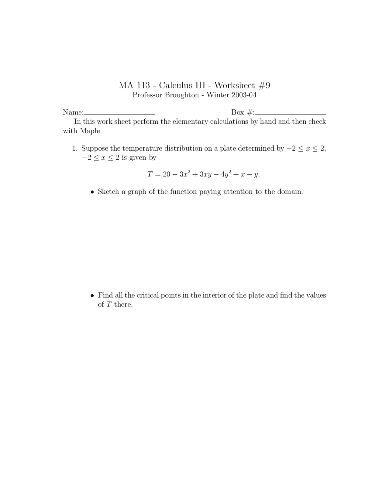 Unsolved Worksheet 9 Calculus Iii Ma 113 Docsity