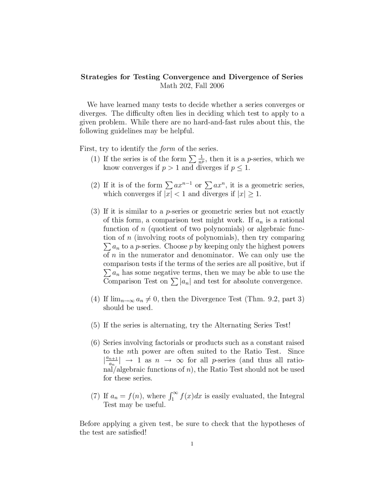 Strategies For Testing Convergence And Divergence Of Series Notes