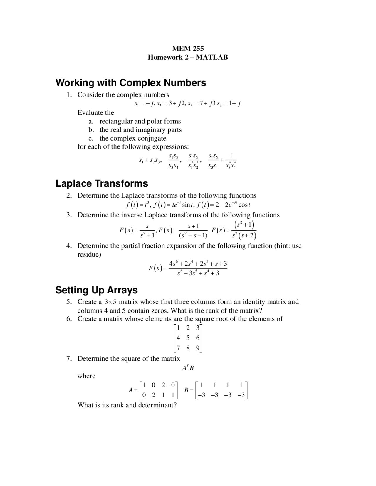 Matlab Introduction To Controls Homework 2 Mem 255 Docsity