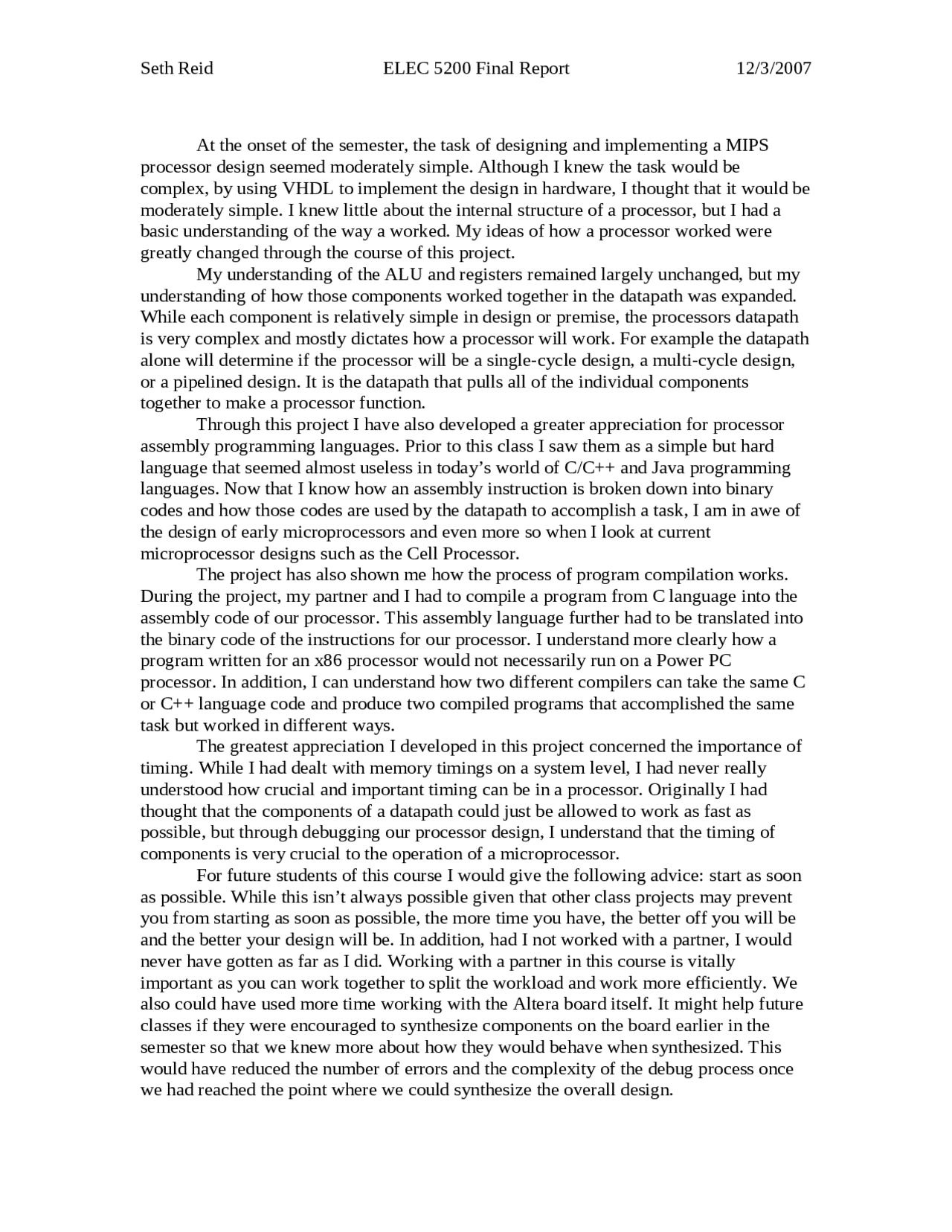 Implementing A Mips Processor Design Project Report Elec 5200 Docsity