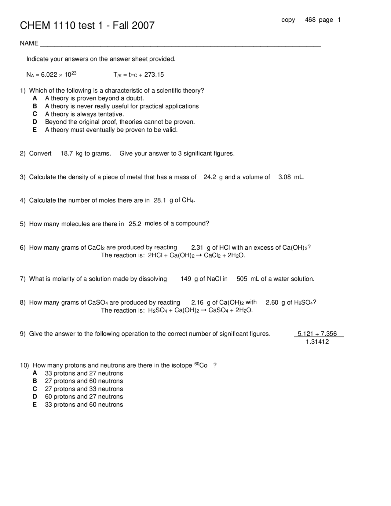 Resolution For Exam 1 Questions General Chemistry I Chem 1110 Docsity