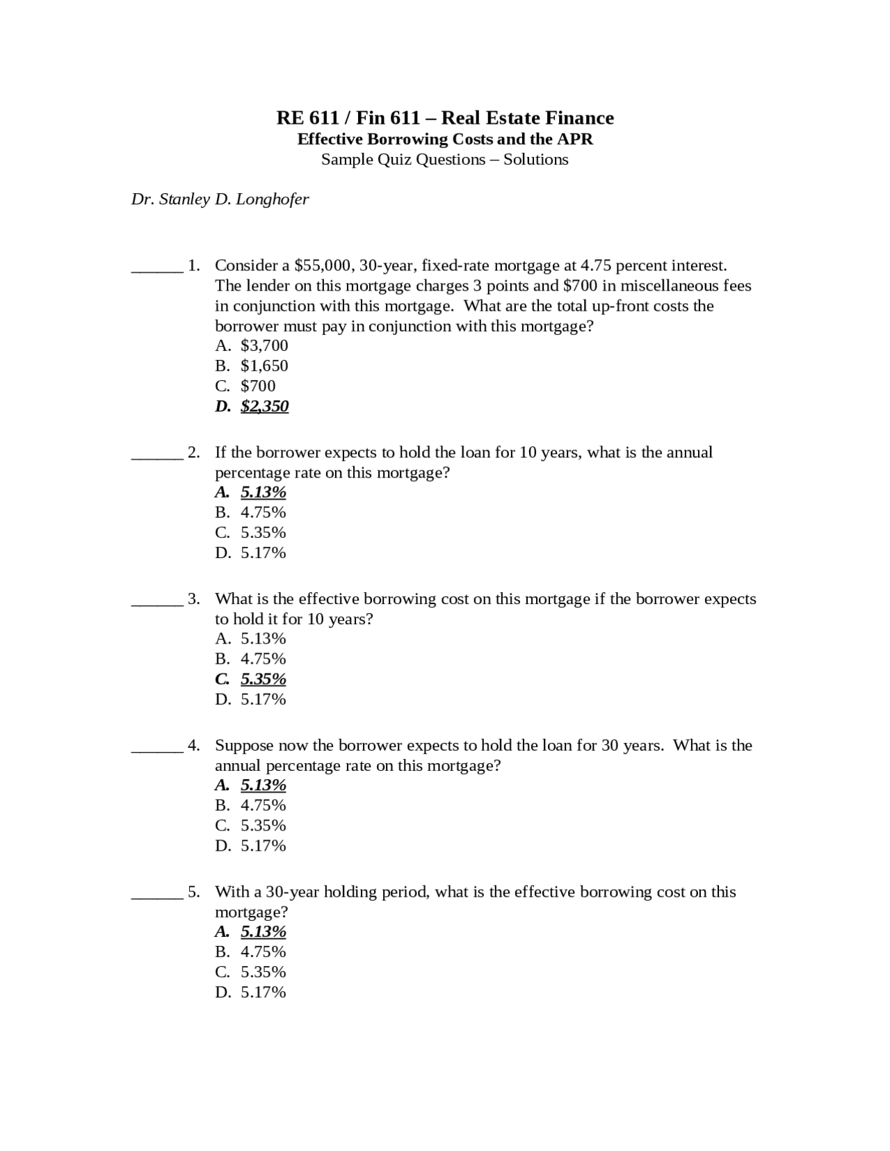 Sample Quiz Questions Solutions Real Estate Finance Re 611 Docsity