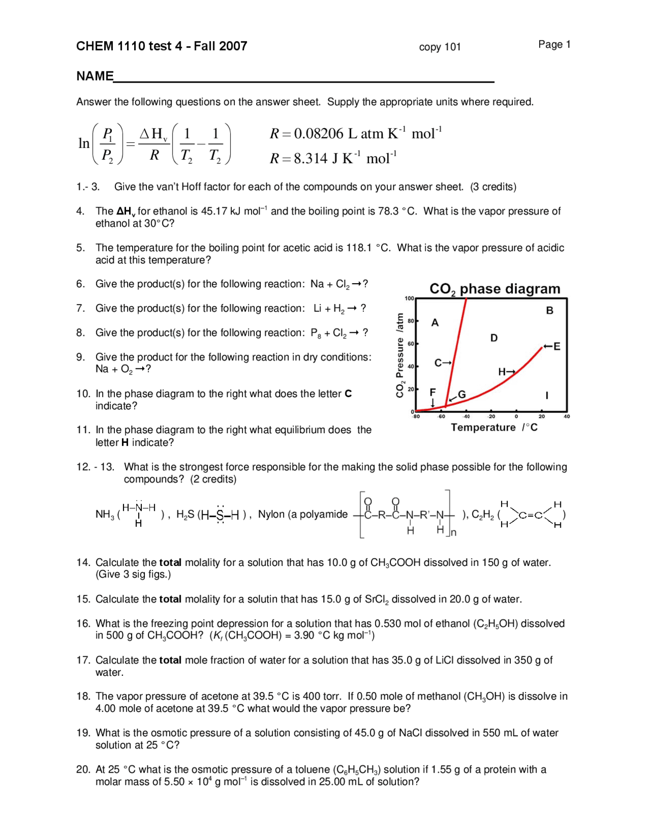 20 Questions Test 4 General Chemistry I Chem 1110 Docsity