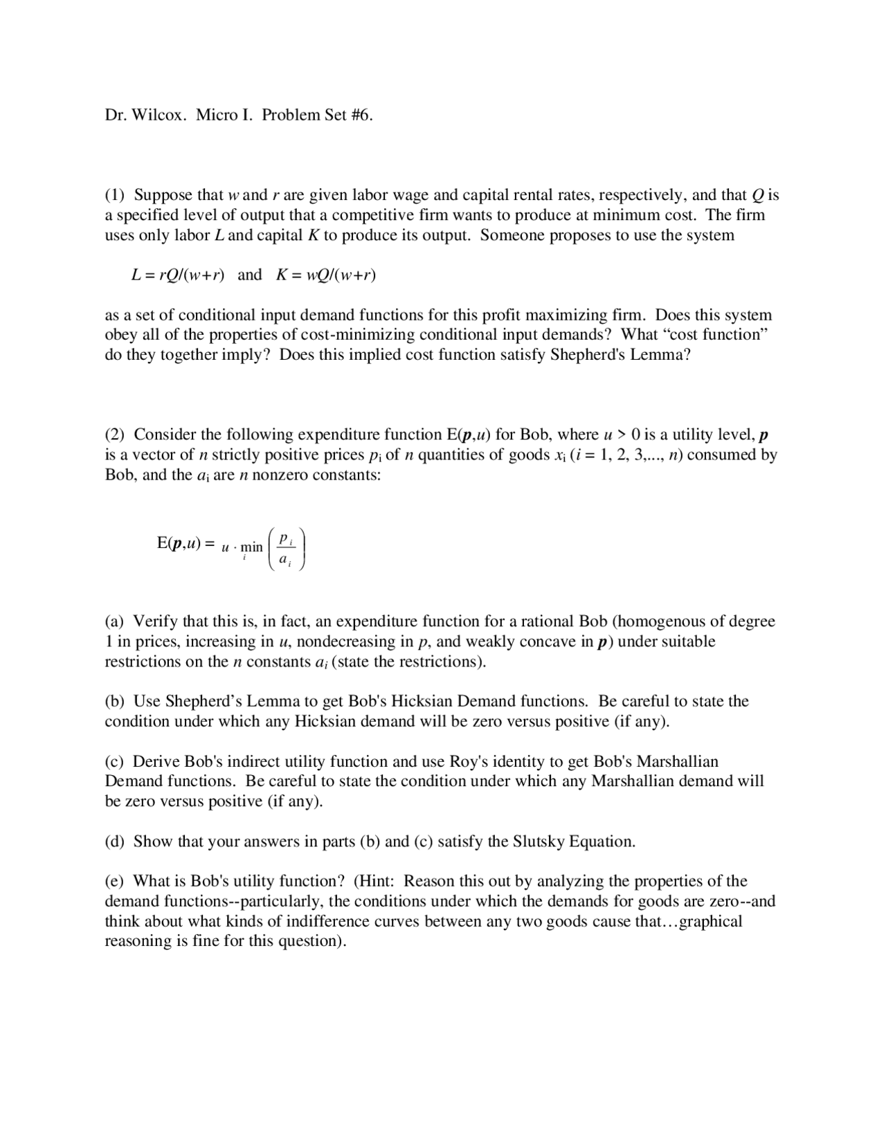 Practice Problem Set 6 Microeconomic Theory I Econ 6342 Docsity