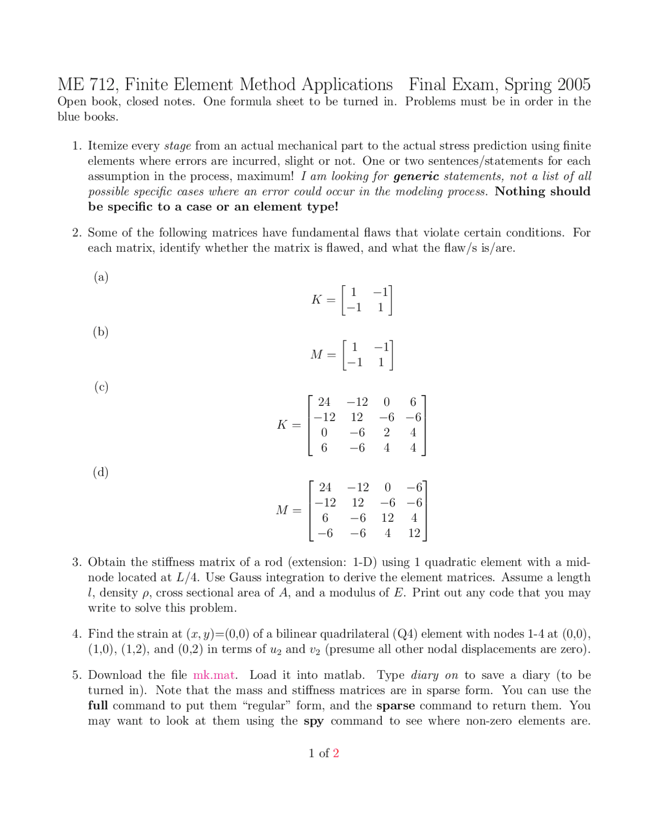 Final Exam Review Questions Finite Element Methods And Applications Me 712 Docsity