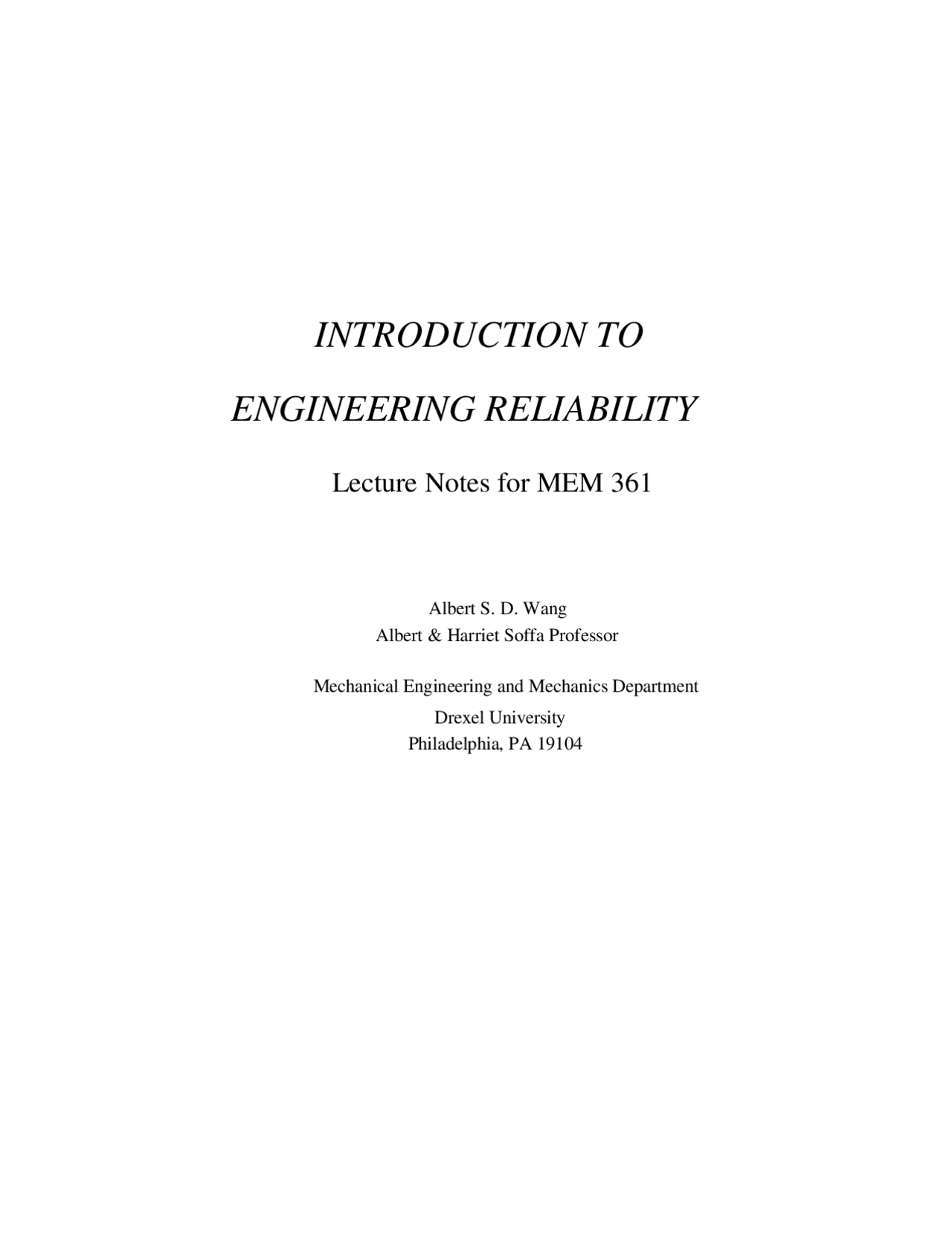 Introduction To Engineering Reliability Lecture Notes Mem 361 Docsity