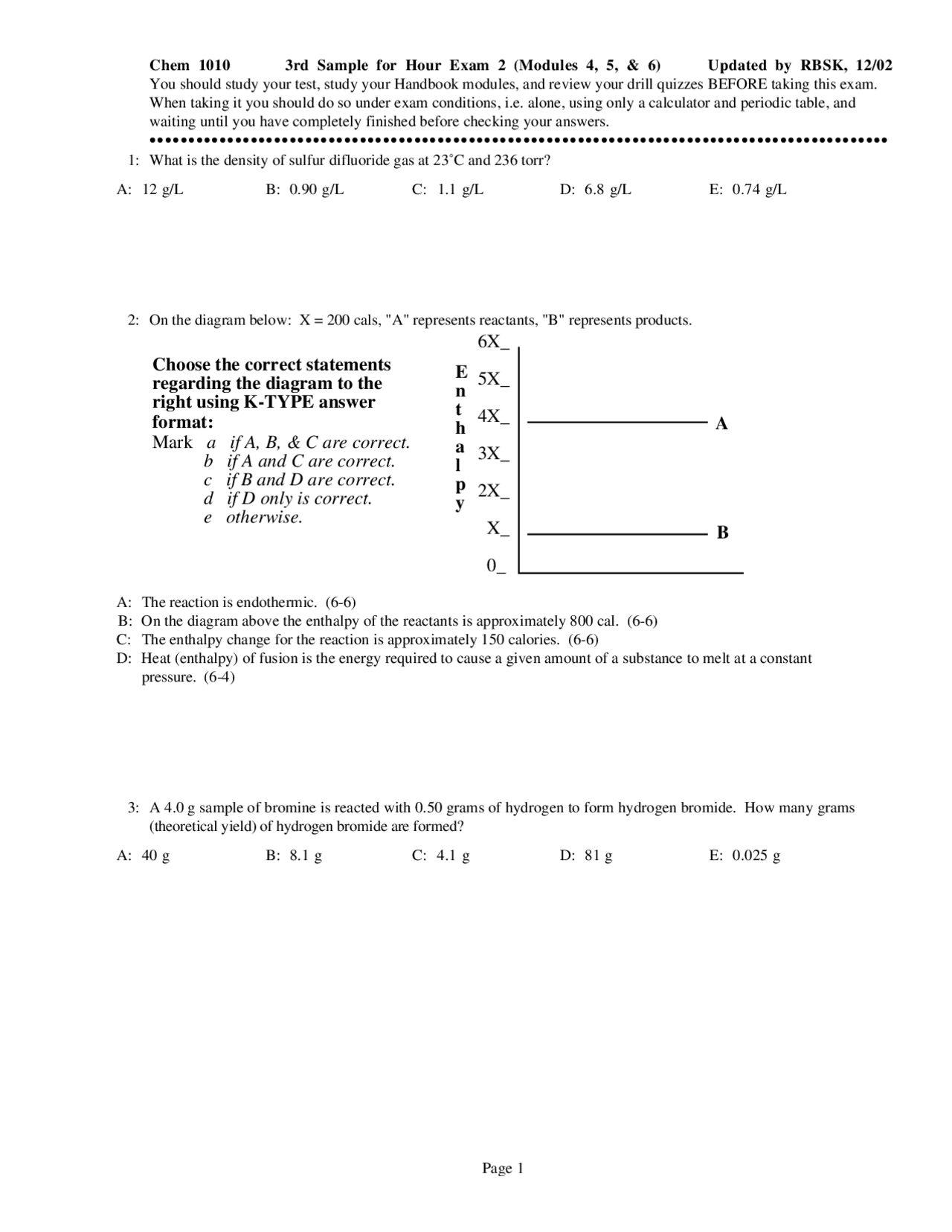 16 Questions On General Chemistry I Exam 2 Chem 1010 Docsity