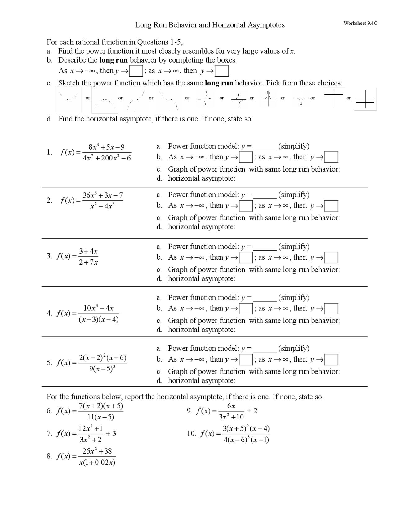 Long Run Behavior and Horizontal Analysis - Worksheet | MA 153 - Docsity