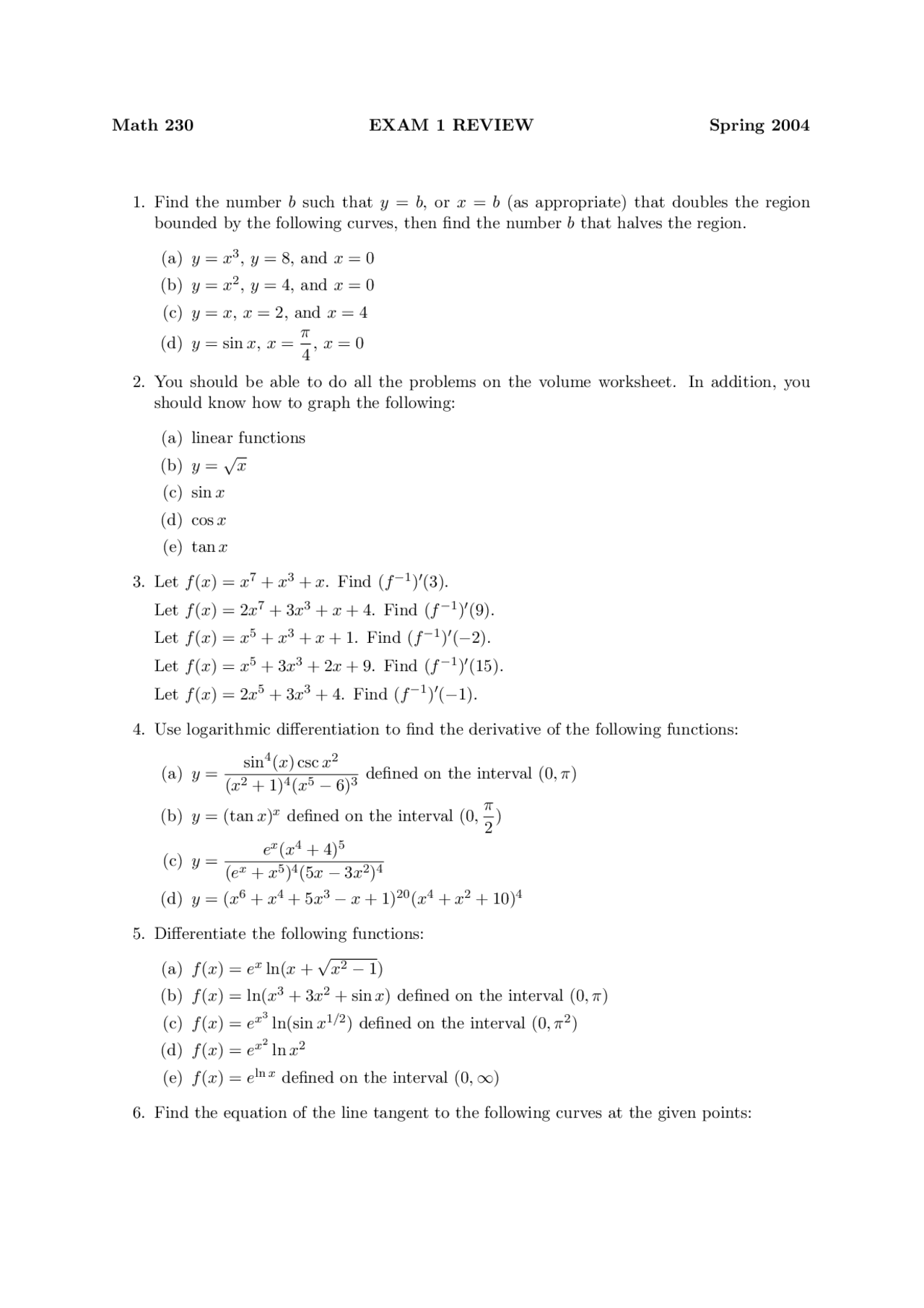 Exam 1 Review Problems Calculus Ii Math 230 Docsity