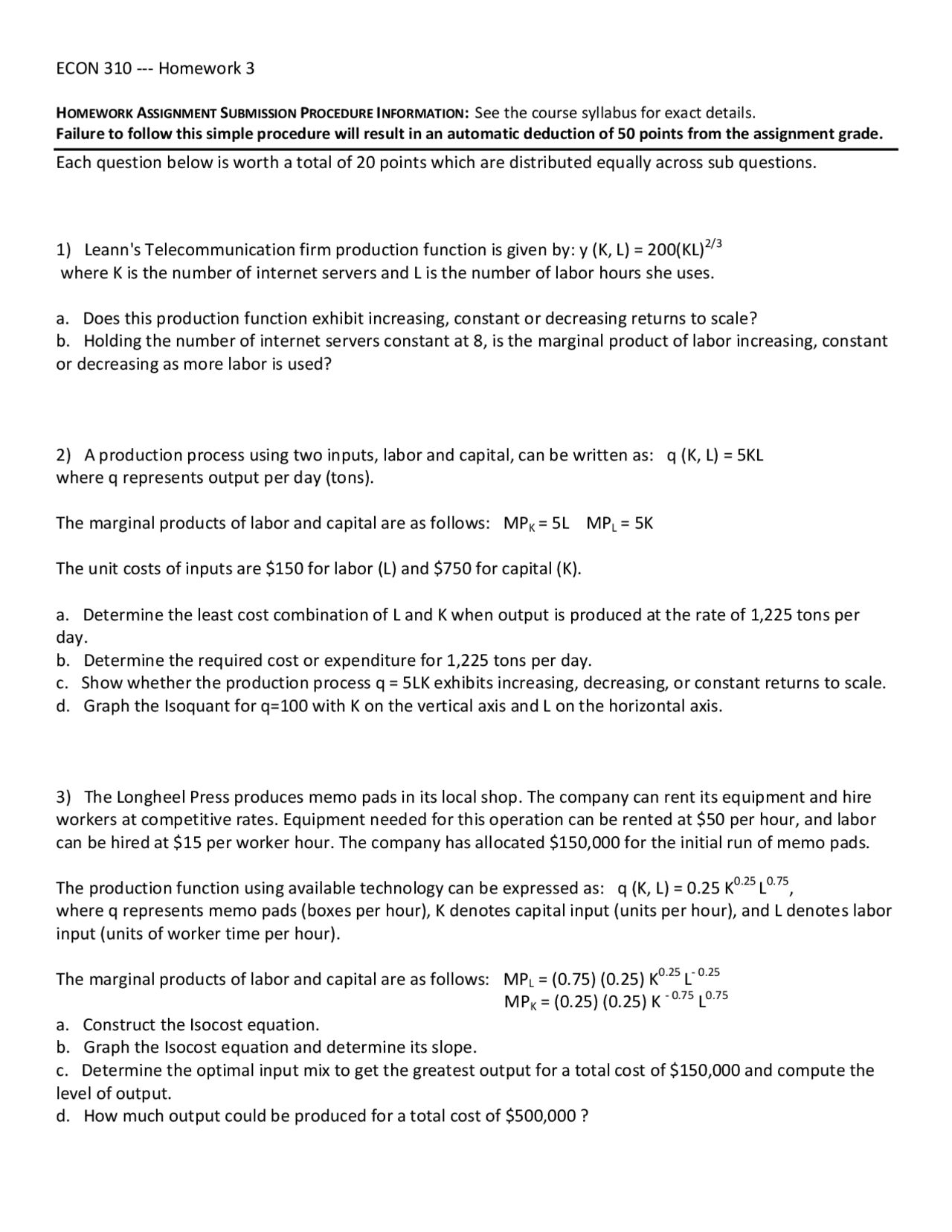 Homework 3 Intermediate Microeconomic Analysis Econ 310 Docsity