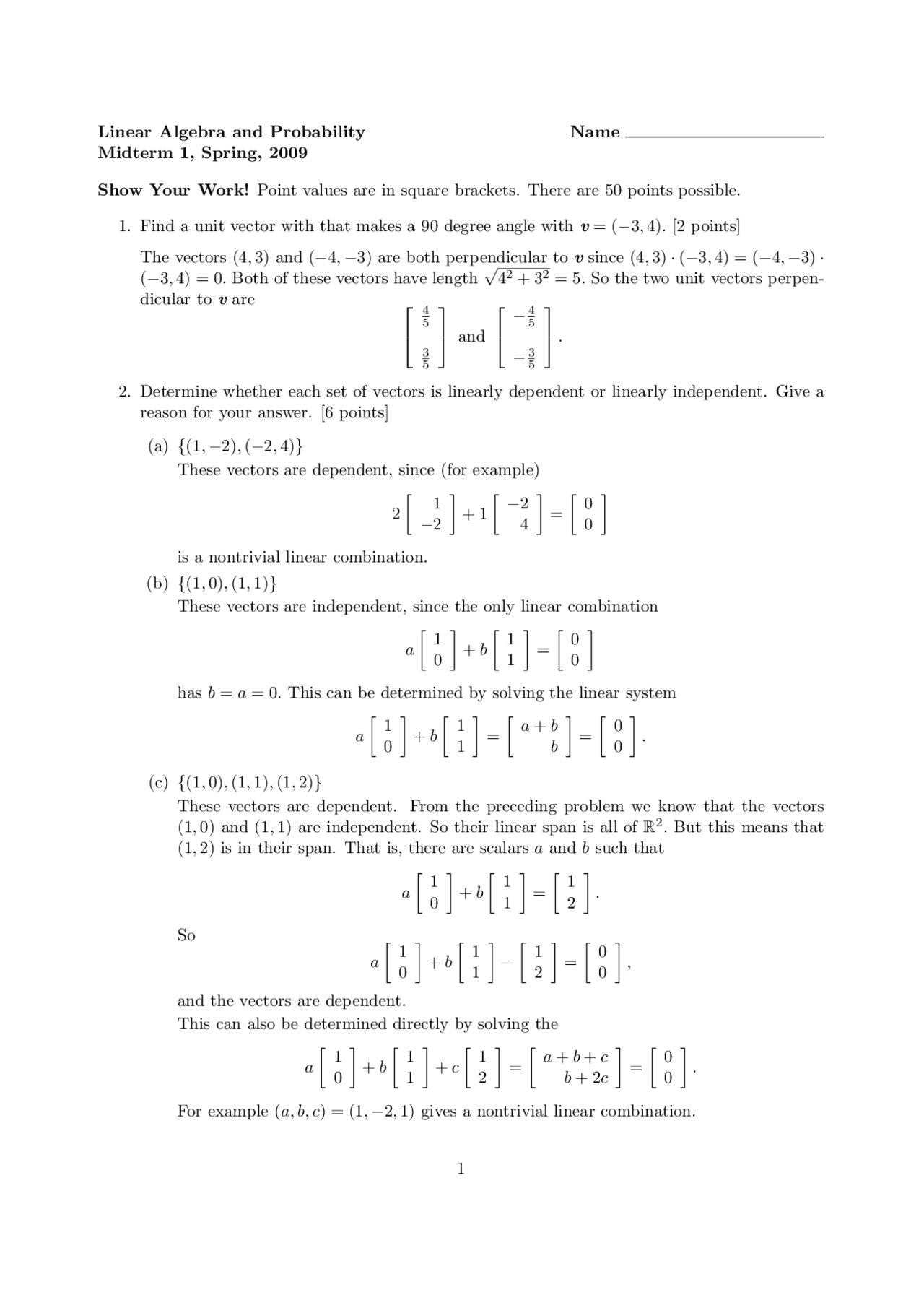 11 Questions Midterm Exam - Linear Algebra and Probability | MATH 202 ...