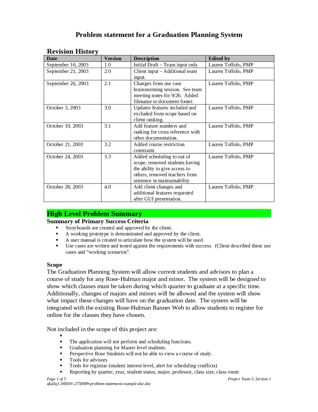 Problem statement for a Graduation Planning System | CSSE 371 - Docsity