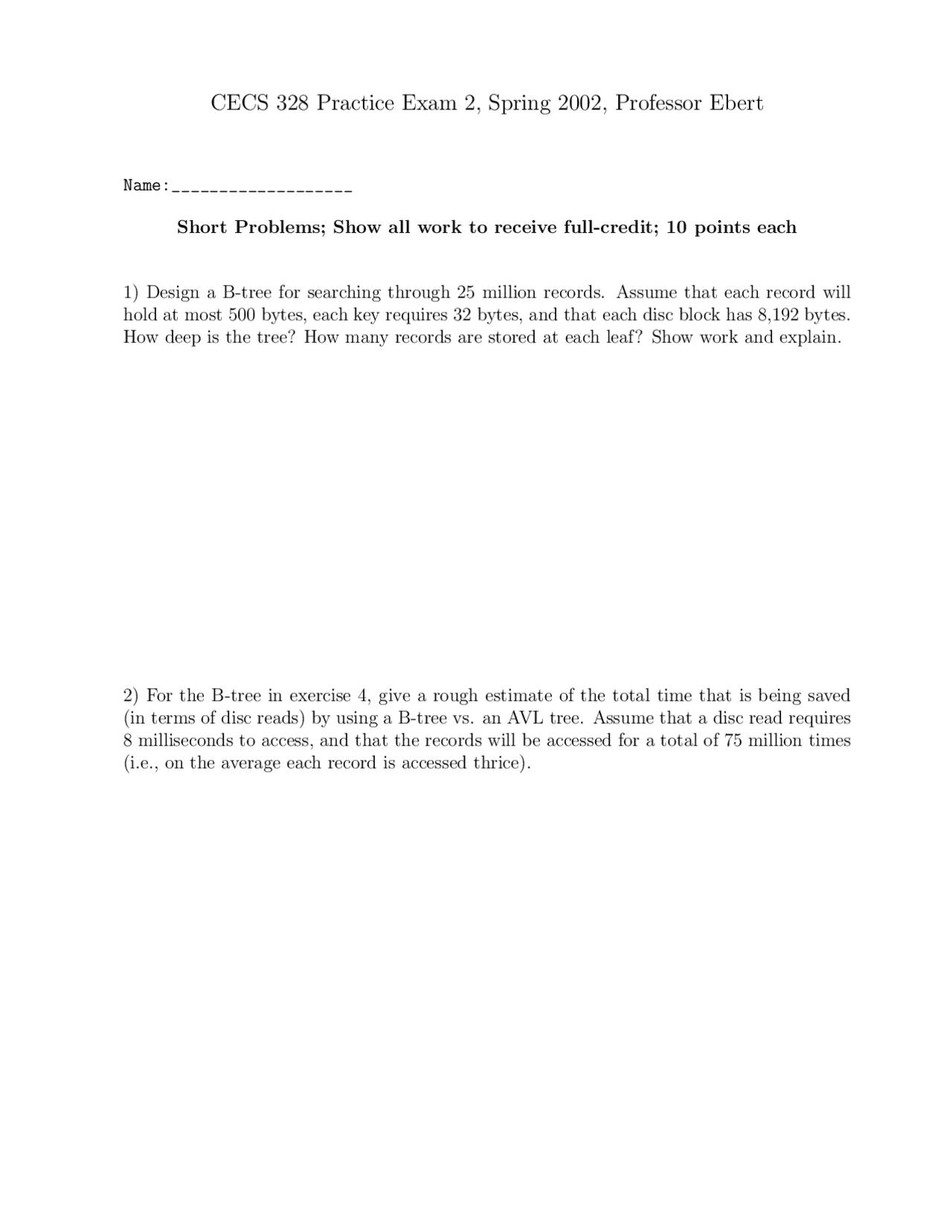 Practice Problems for Old Exam 2 - Applications of Discrete Structures | CECS 328 | Exámenes ...