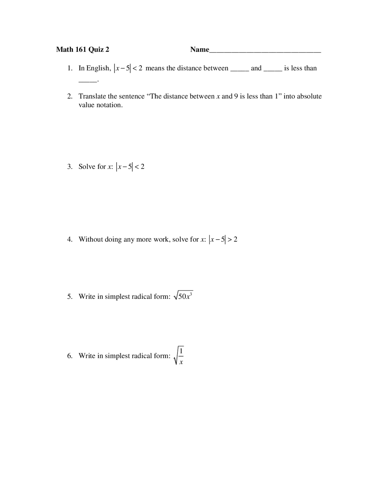6 Unsolved Problems in Quiz 2 on Precalculus I | MATH 161 - Docsity