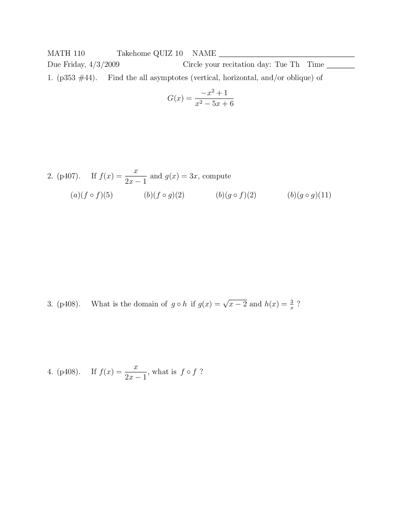 Practice Questions for Quiz 10 - College Algebra | MATH 110 - Docsity