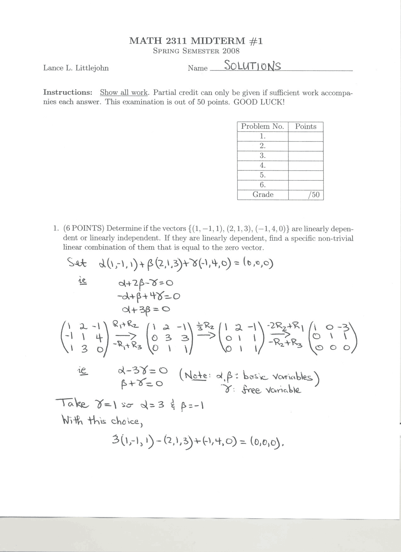 Solution For Midterm Exam Linear Algebra Mth 2311 Docsity