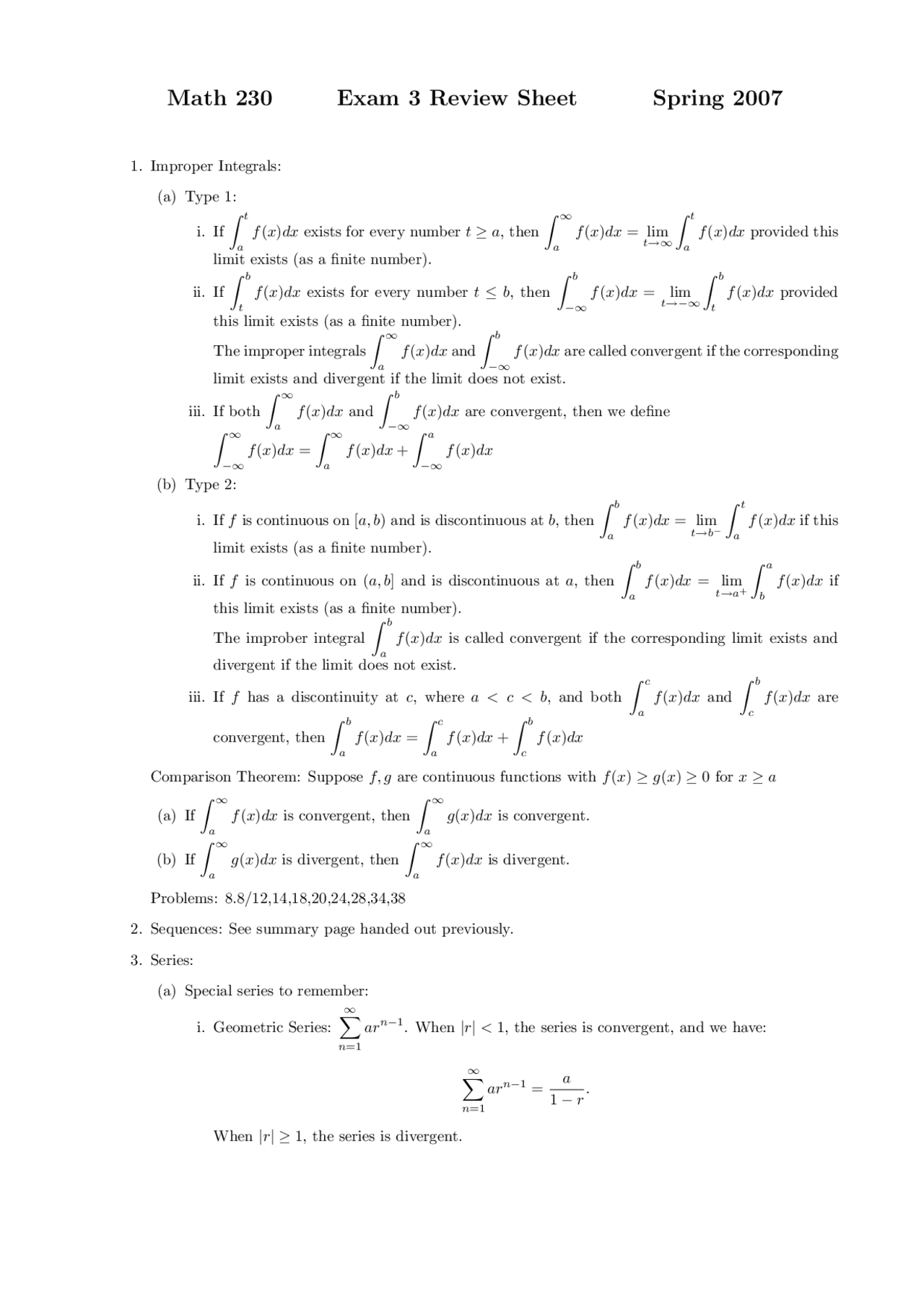 Exam Iii Review Sheet Calculus Ii Spring 2007 Math 230 Docsity