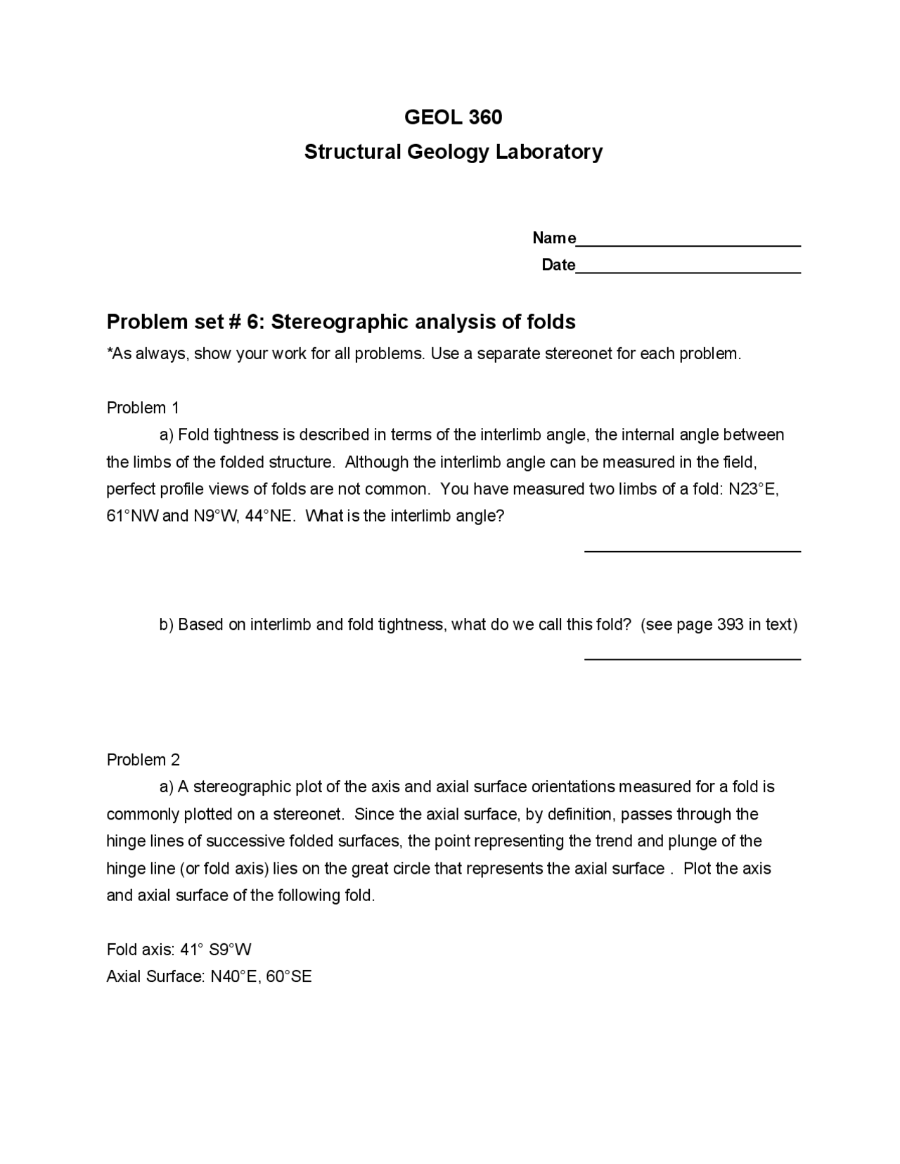 Problem Set 6 Stereographic Analysis Of Folds Geol 360 Docsity