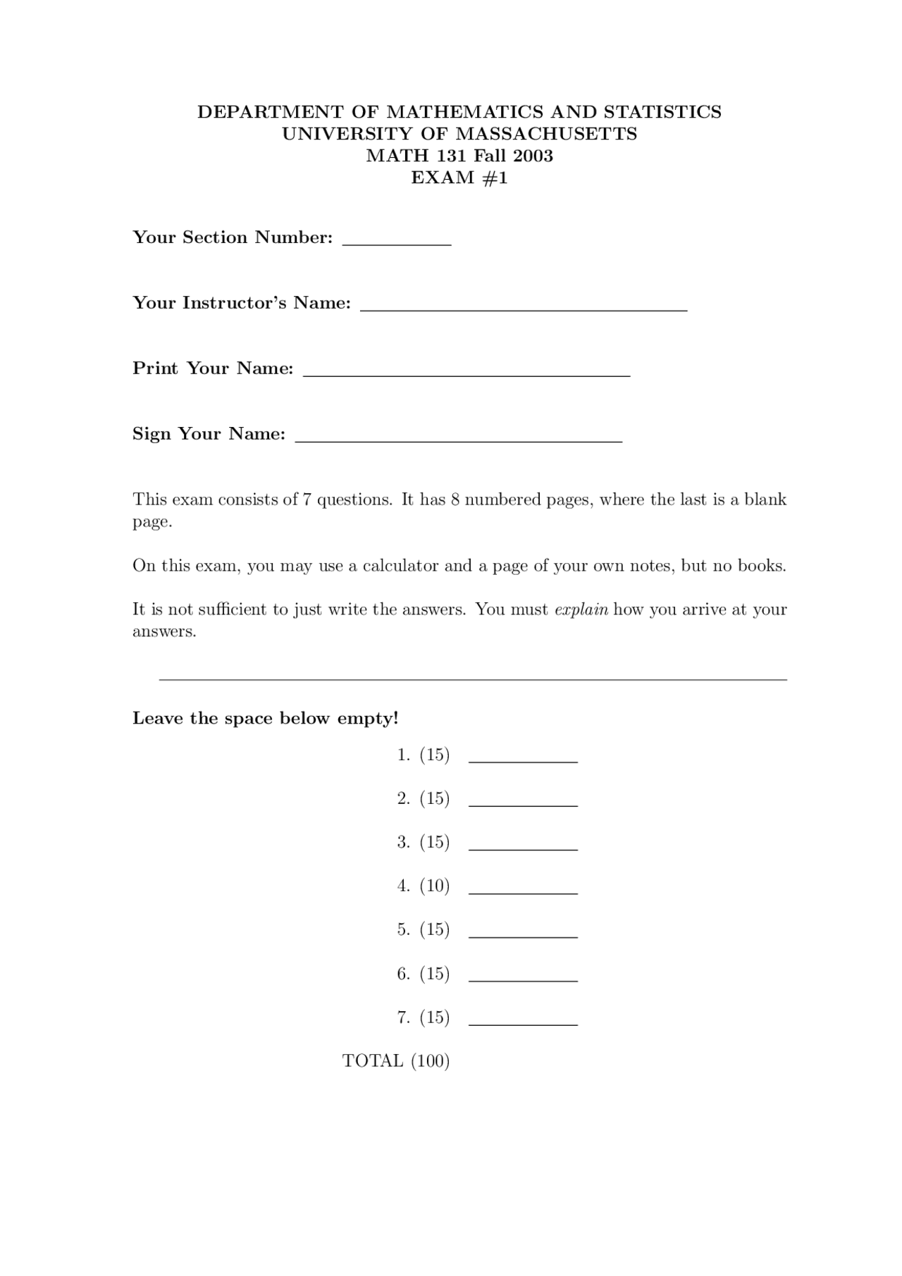 Practice Exam 1 For Calculus I Fall 2003 Math 131 Docsity