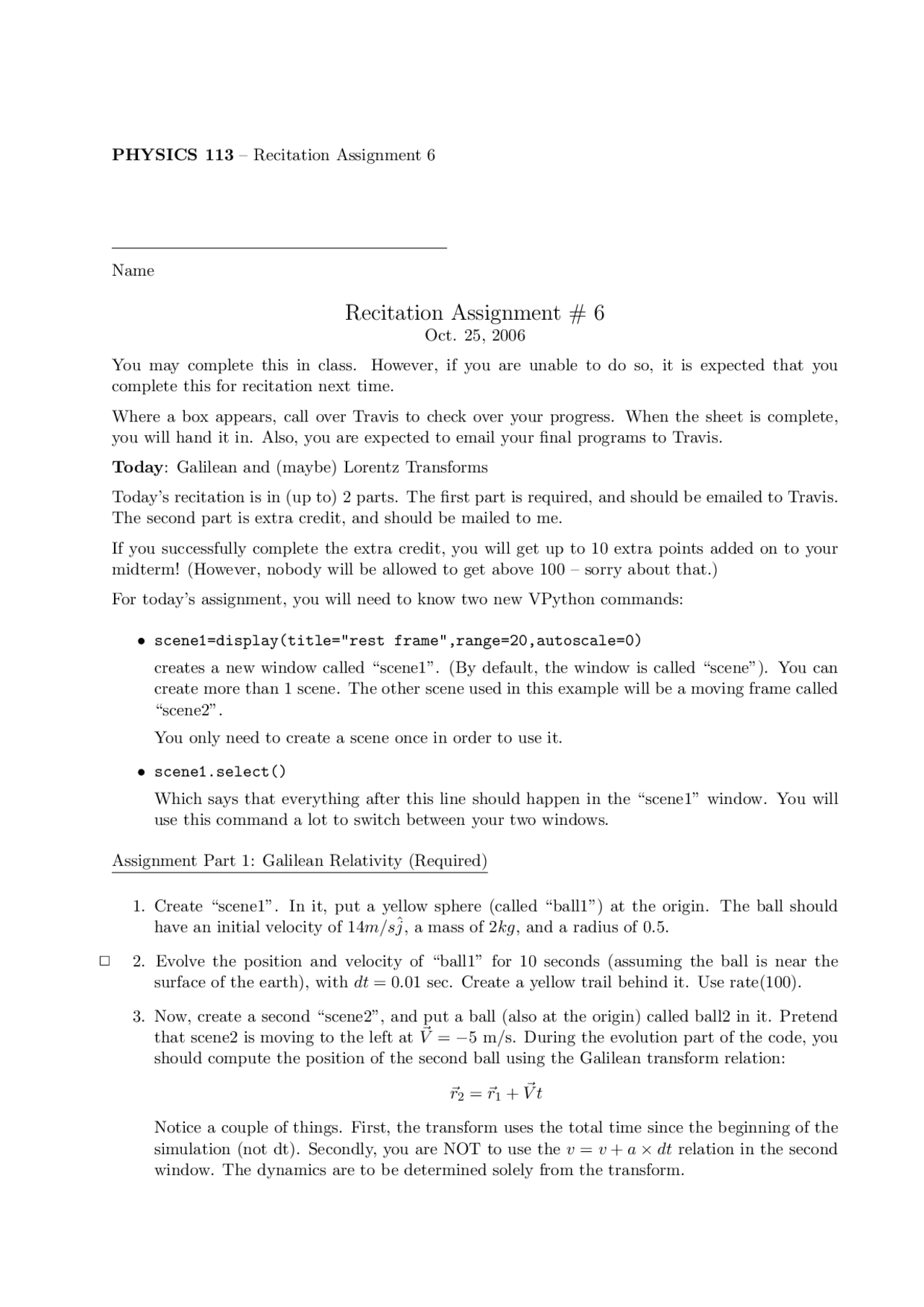 Galilean Relativity In Contemporary Physics I Assignment 6 Phys 113
