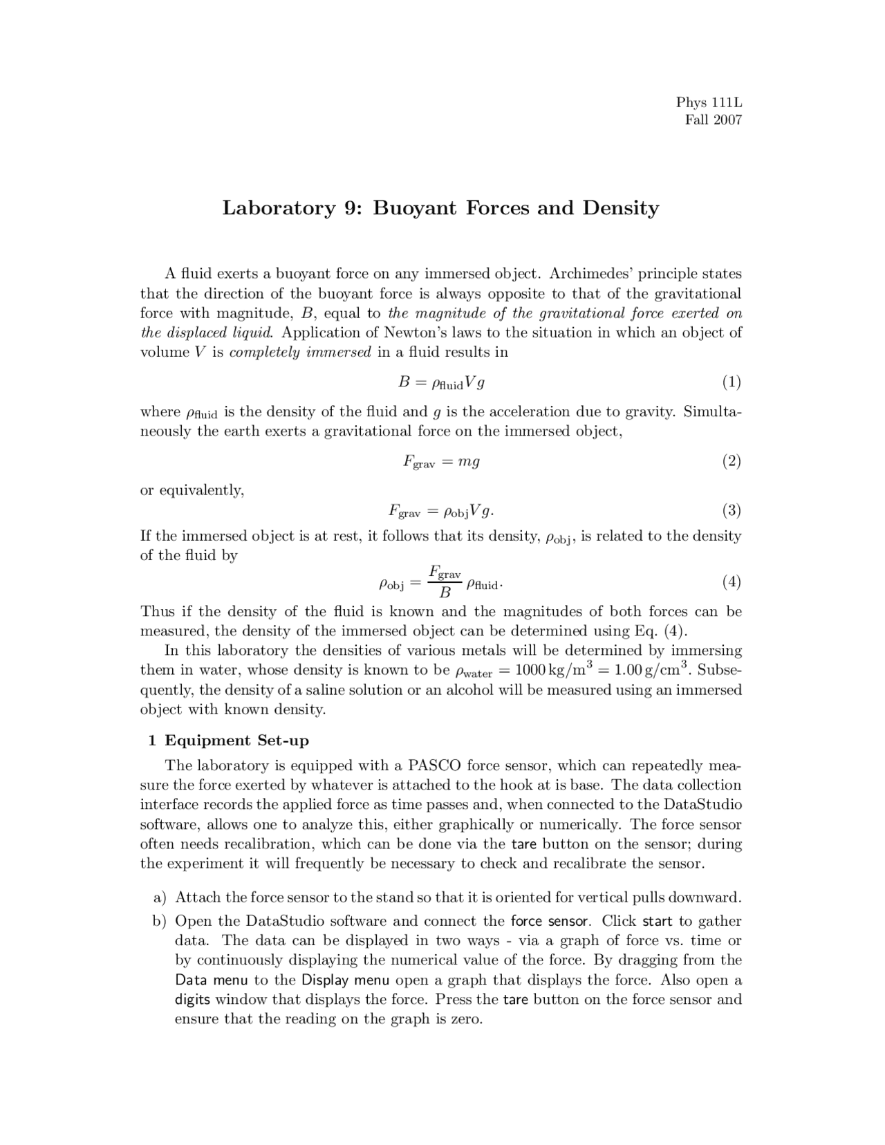 Buoyant Forces and Density - General Physics – Lab 9 | PHYS 111 - Docsity