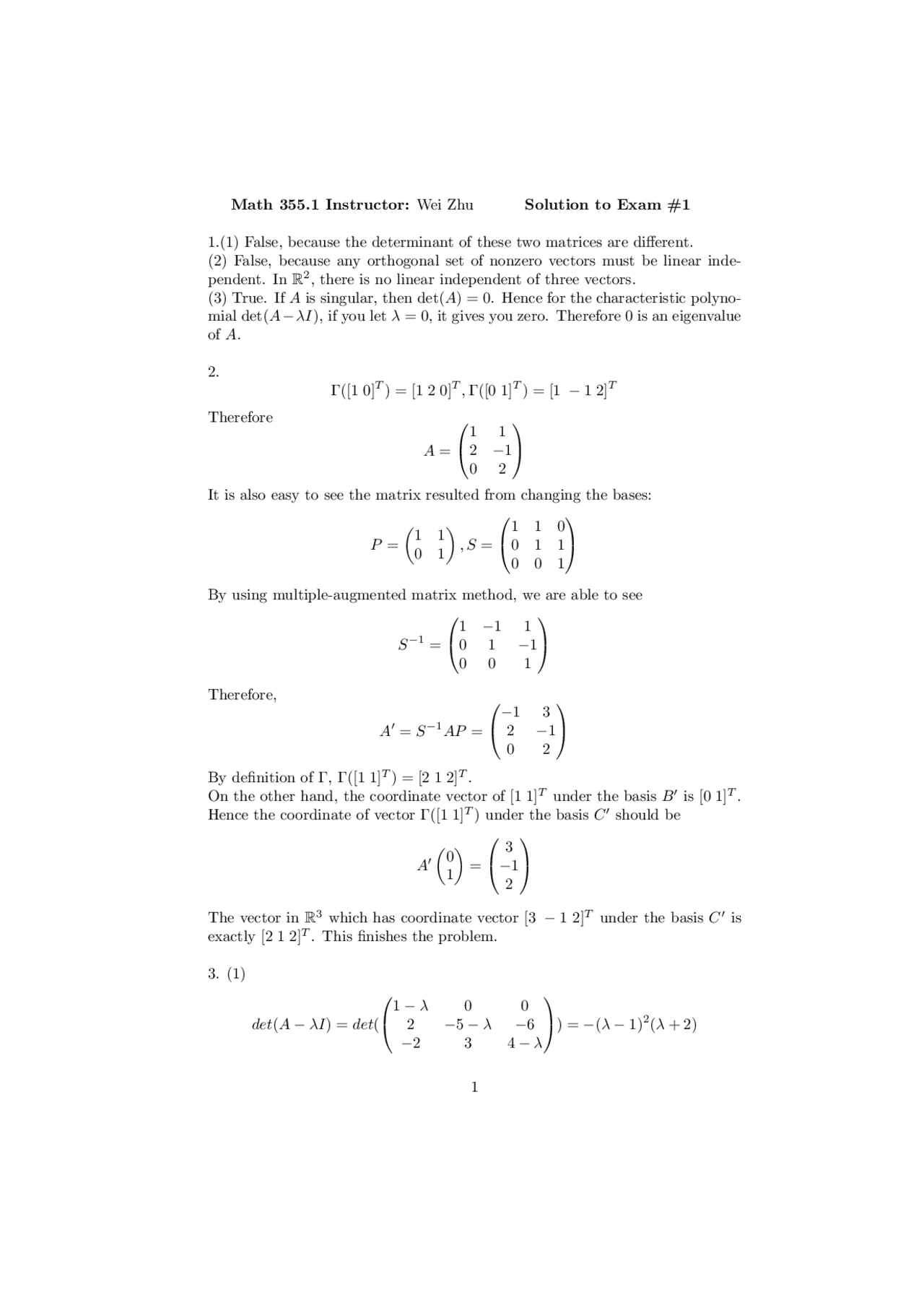 Solutions To Exam 1 For Linear Algebra Math 355 Docsity