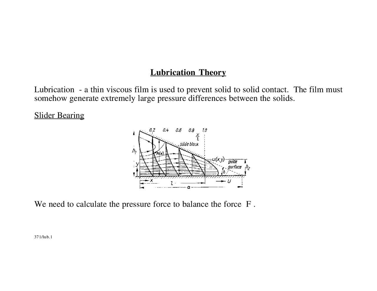 Lubrication Theory - Fluid Mechanics I | MECH 371 - Docsity