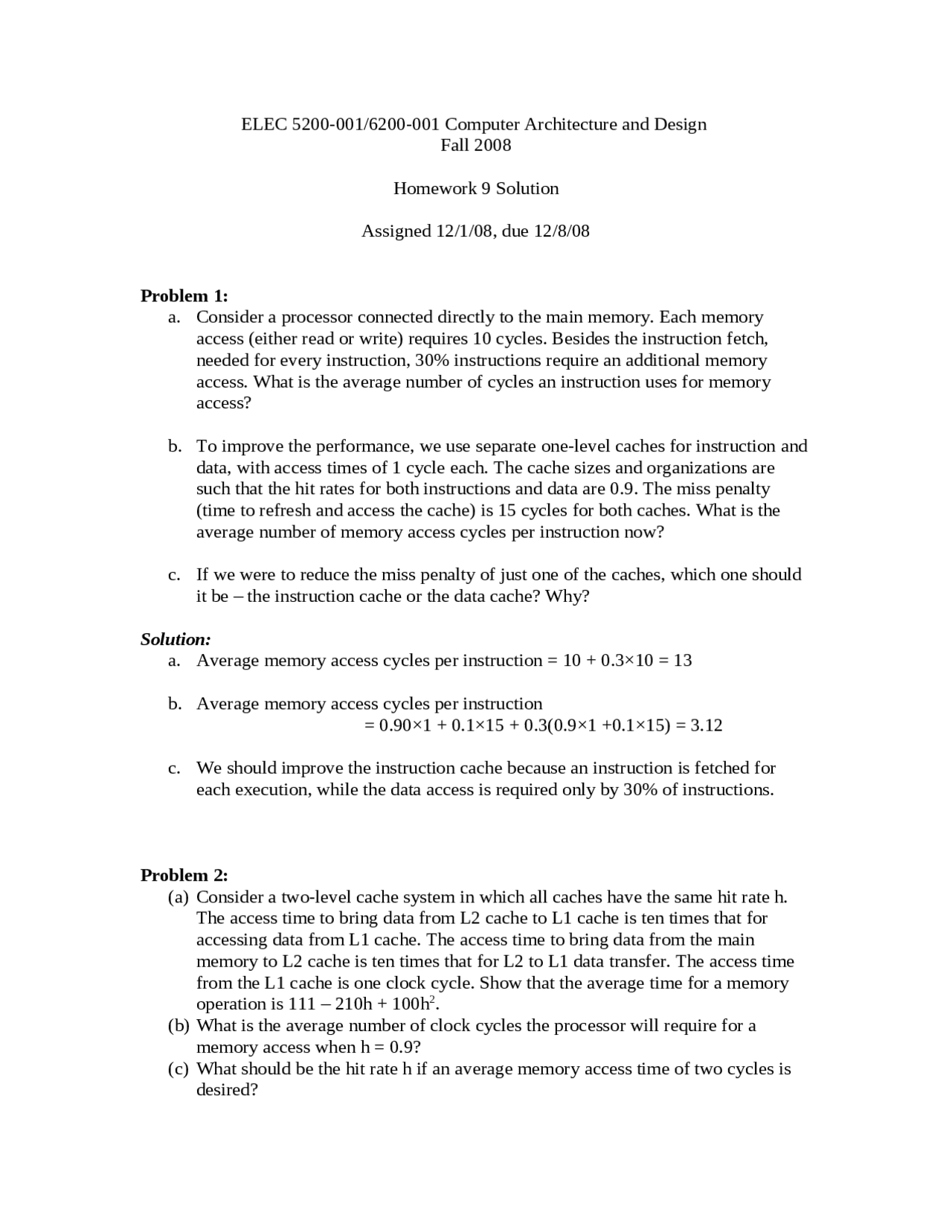 Homework 9 Solutions Computer Architecture And Design Elec 5200 Assignments Computer