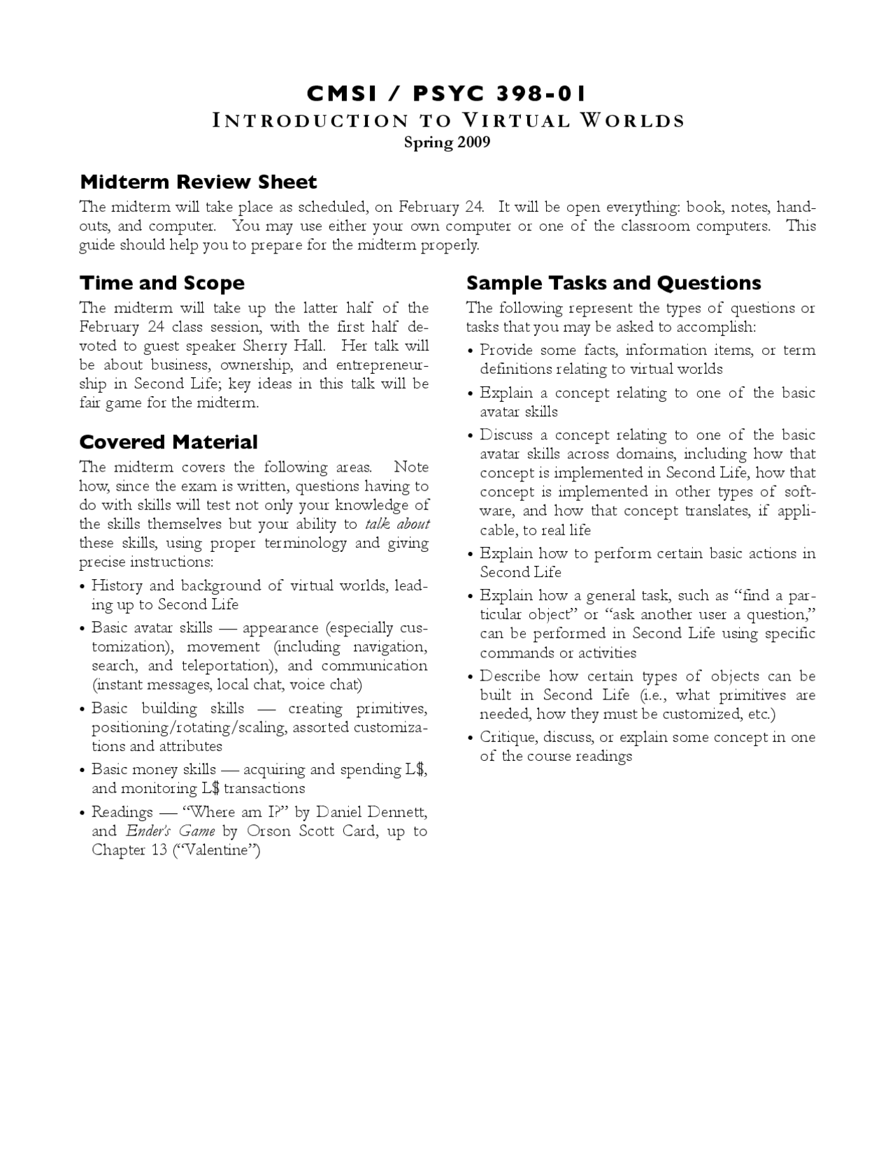 Midterm Review Sheet Introduction To Virtual World Cmsi 398 Docsity