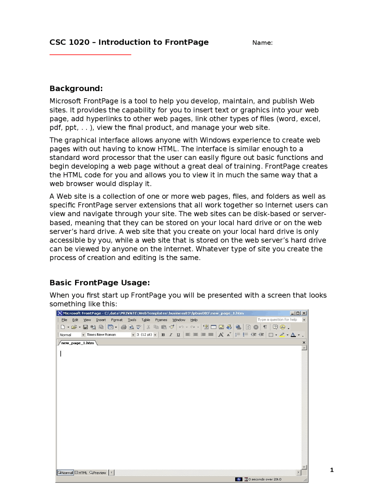 Introduction To Front Page Laboratory 2 Csc 1020 Docsity