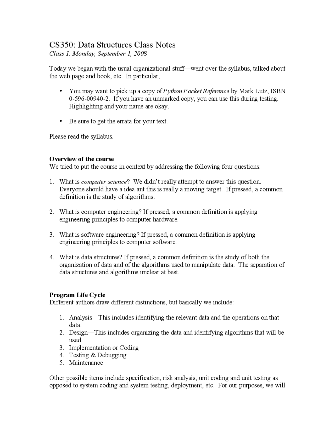 CS350: Intro to Data Structures & Program Life Cycle - Class Notes ...