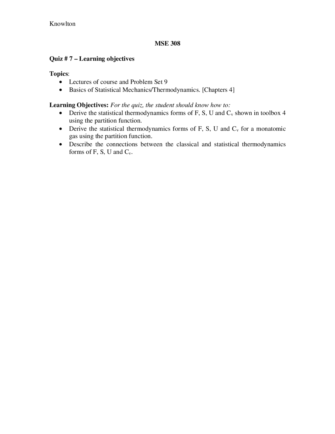 Learning Objectives Of Thermodynamics Of Materials For Quiz 7 Mse 308