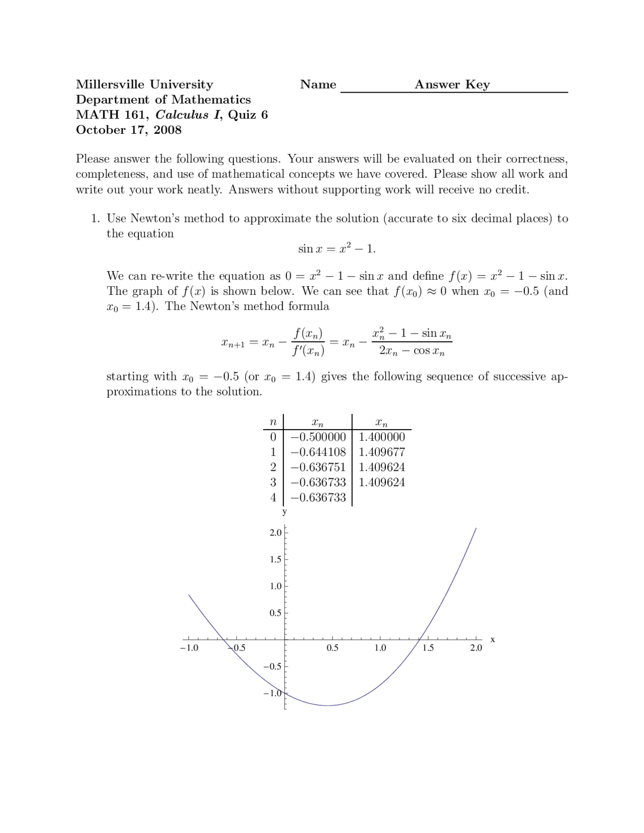 Calculus 1 - Quiz 6 with Answer Key | MATH 161 - Docsity