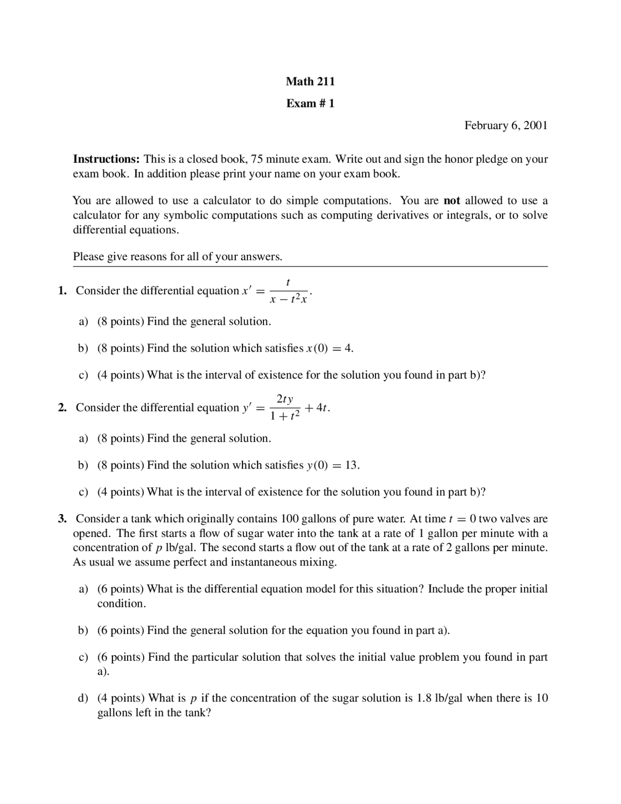 Exam 1 For Ordinary Differential Equation Math 211 Docsity