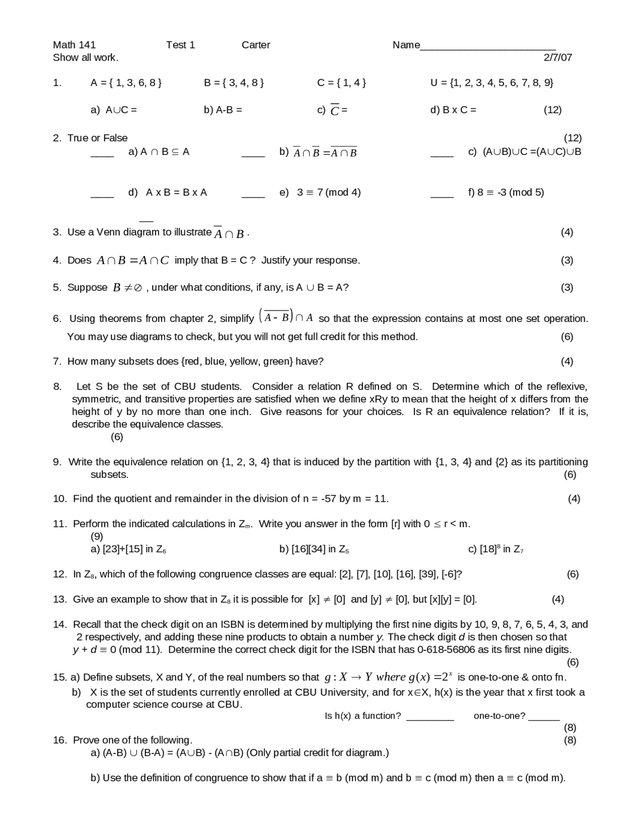 Practice Exam 1 Introduction To Discrete Mathematics Math 141 Docsity