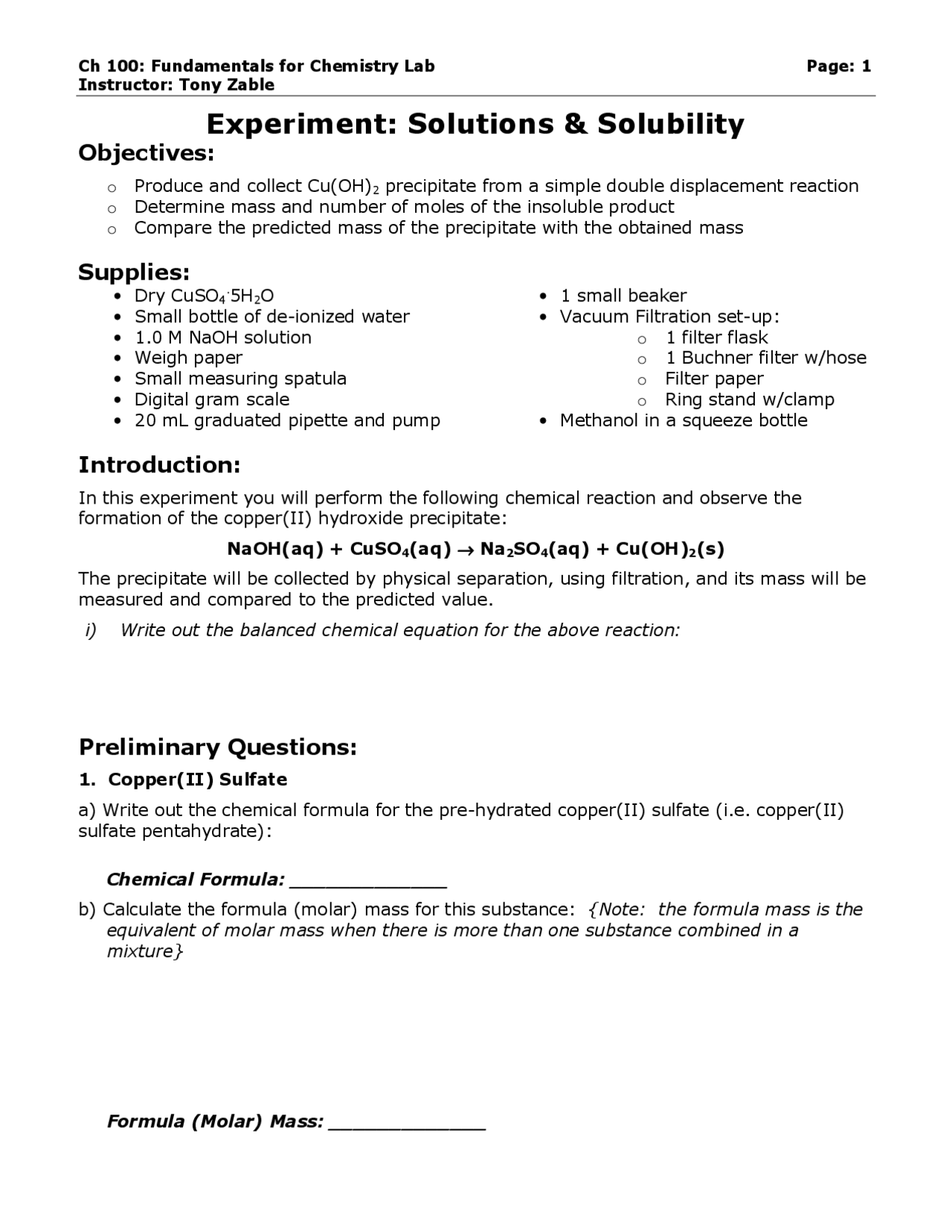 An Introduction to the Solutions and the Solubility | CH 100 - Docsity