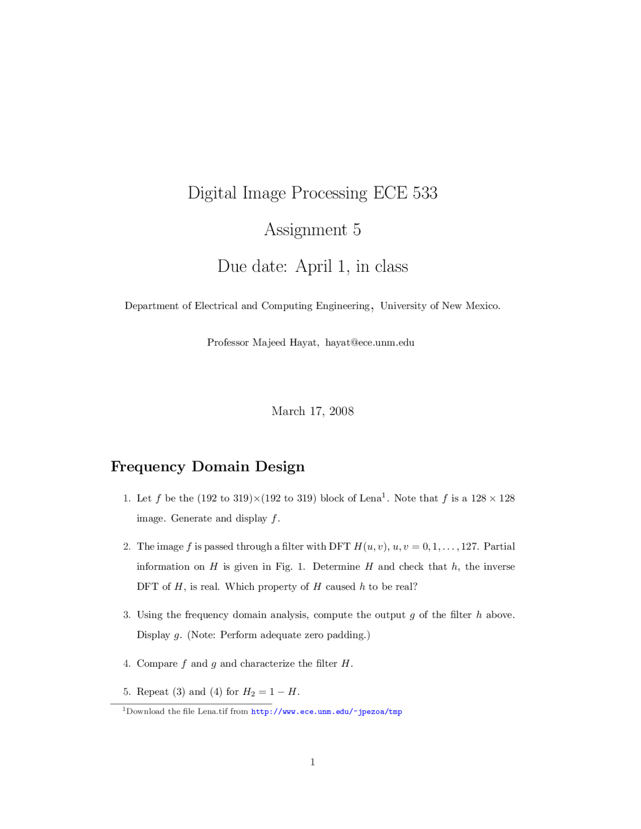 Digital Image Processing - Practice Assignment 5 | ECE 533 - Docsity