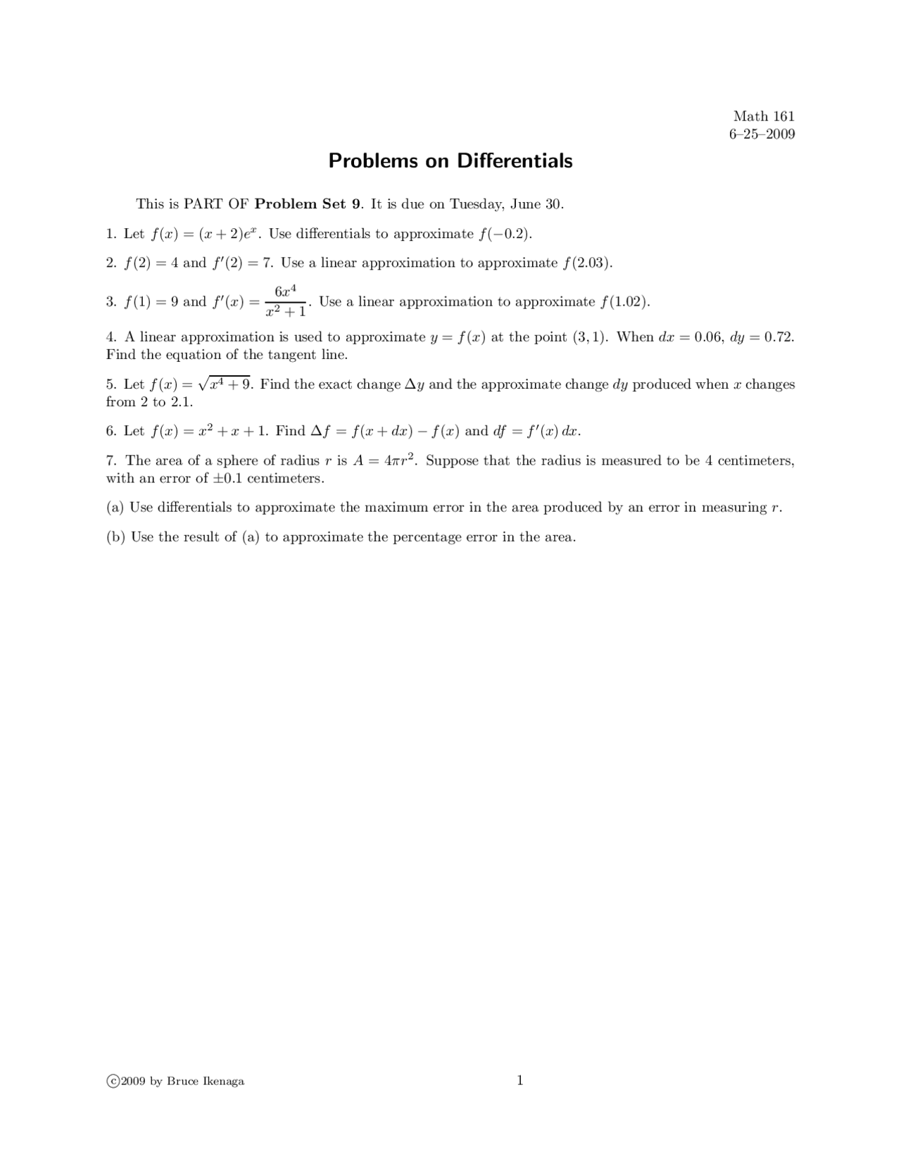 Problems On Differential Calculus 1 Assignment 9 Math 161 Docsity