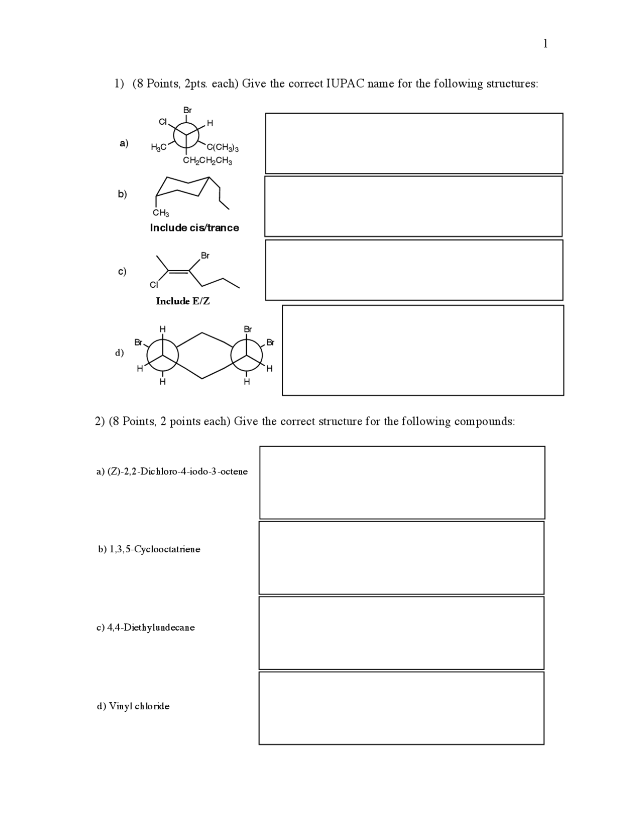 Final Exam Organic Chemistry I Cem 251 Docsity