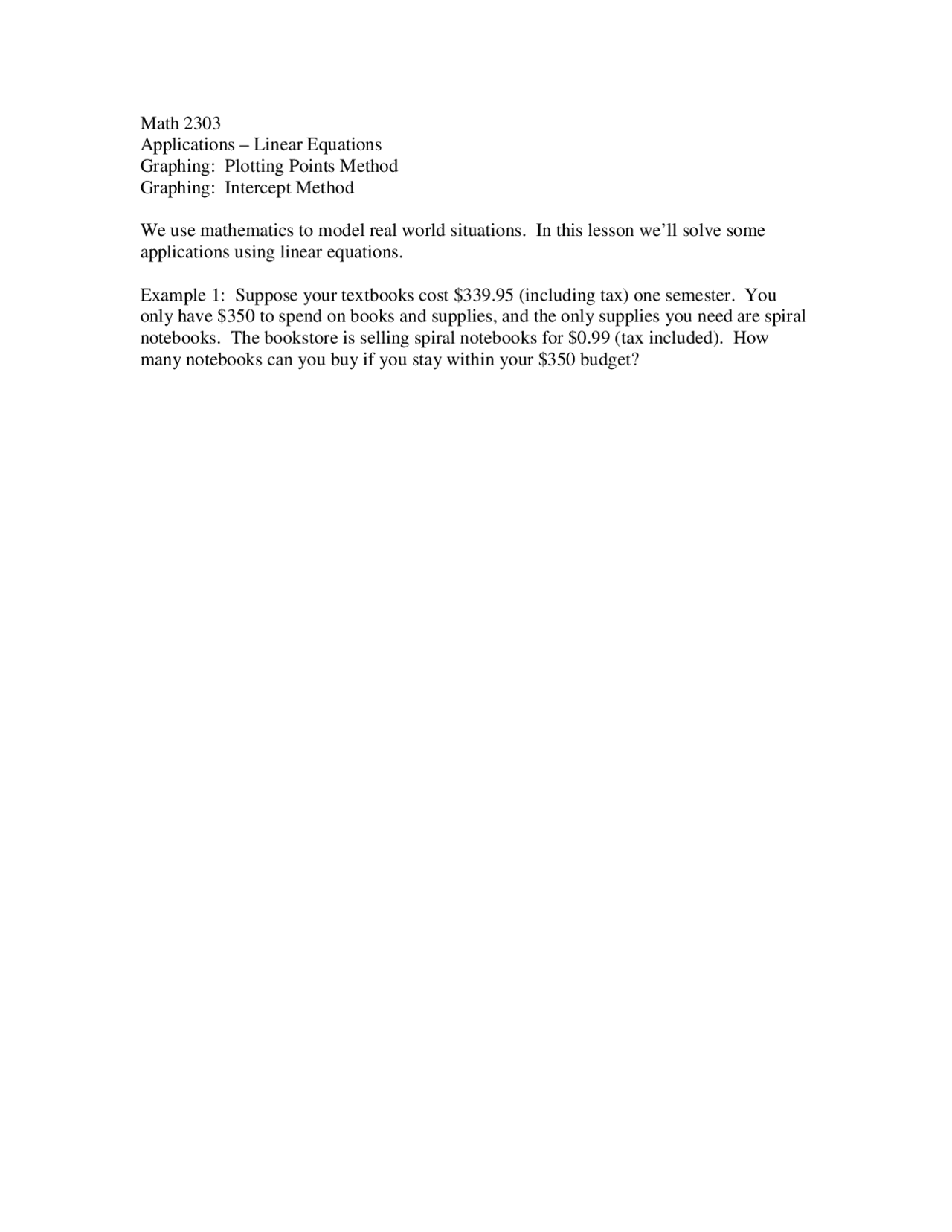Lecture Notes On Applications Of Linear Equations Math 2303 Docsity