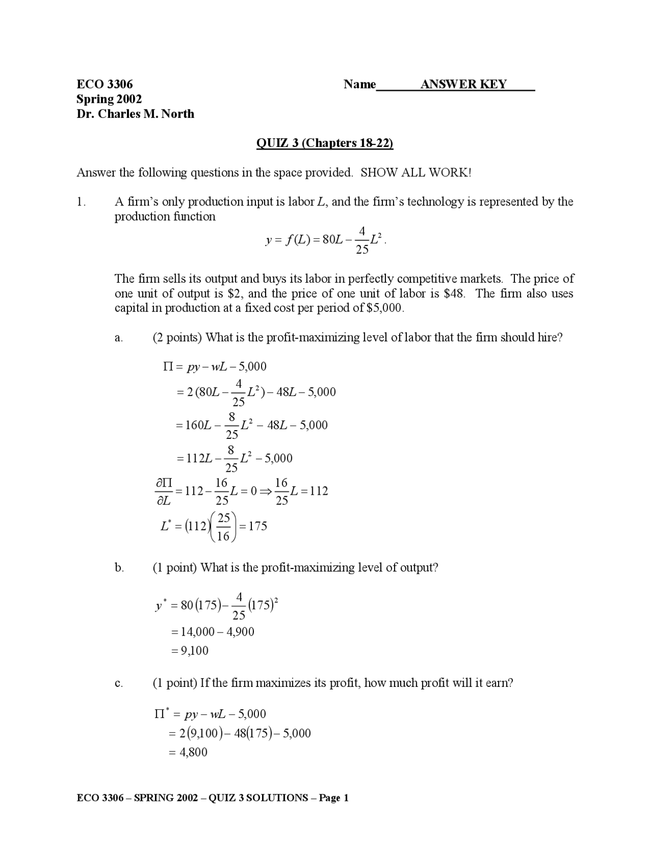 Quiz 3 With Answer Key Intermediate Microeconomic Analysis Eco 3306