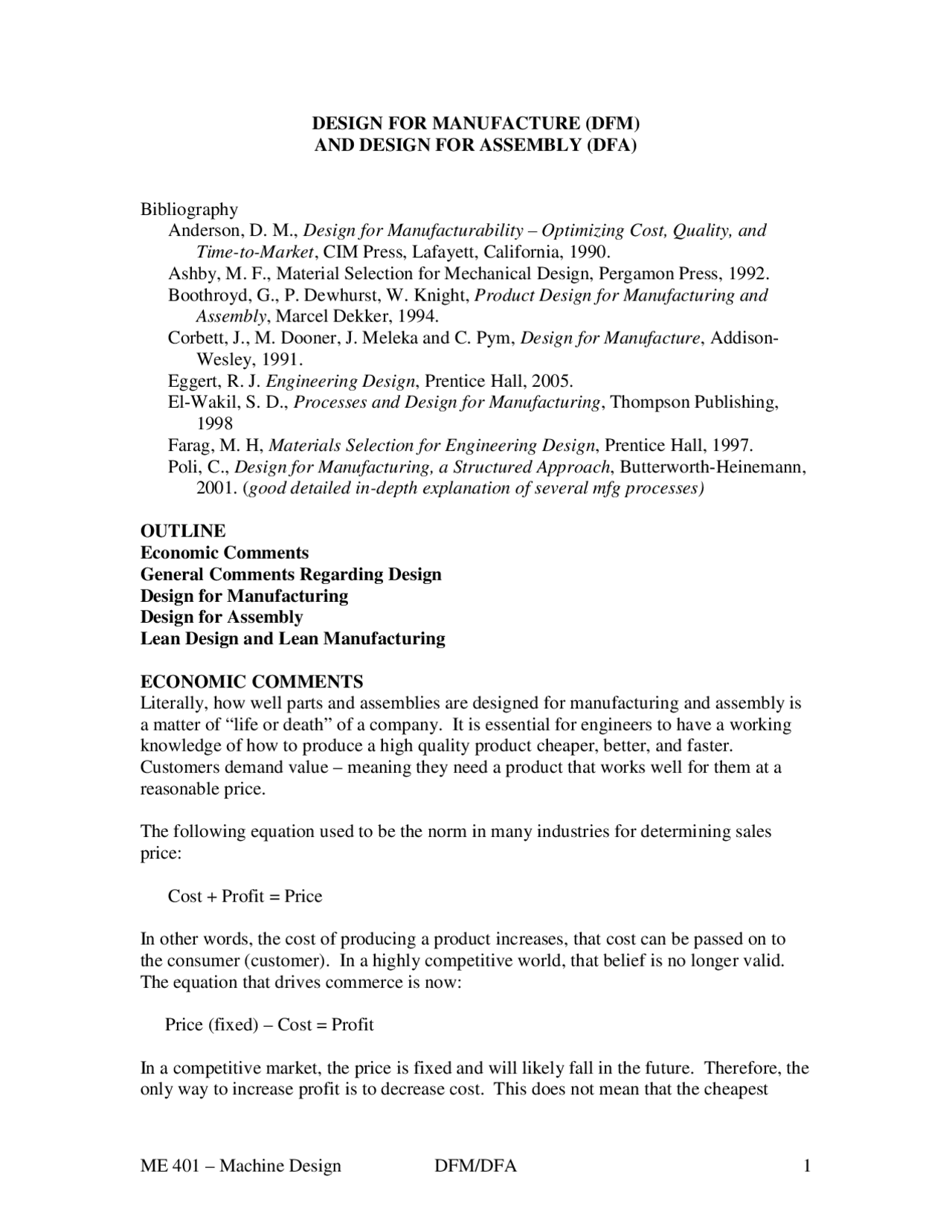 Design for Manufacture (DFM) and Design for Assembly (DFA) | ME 401 ...