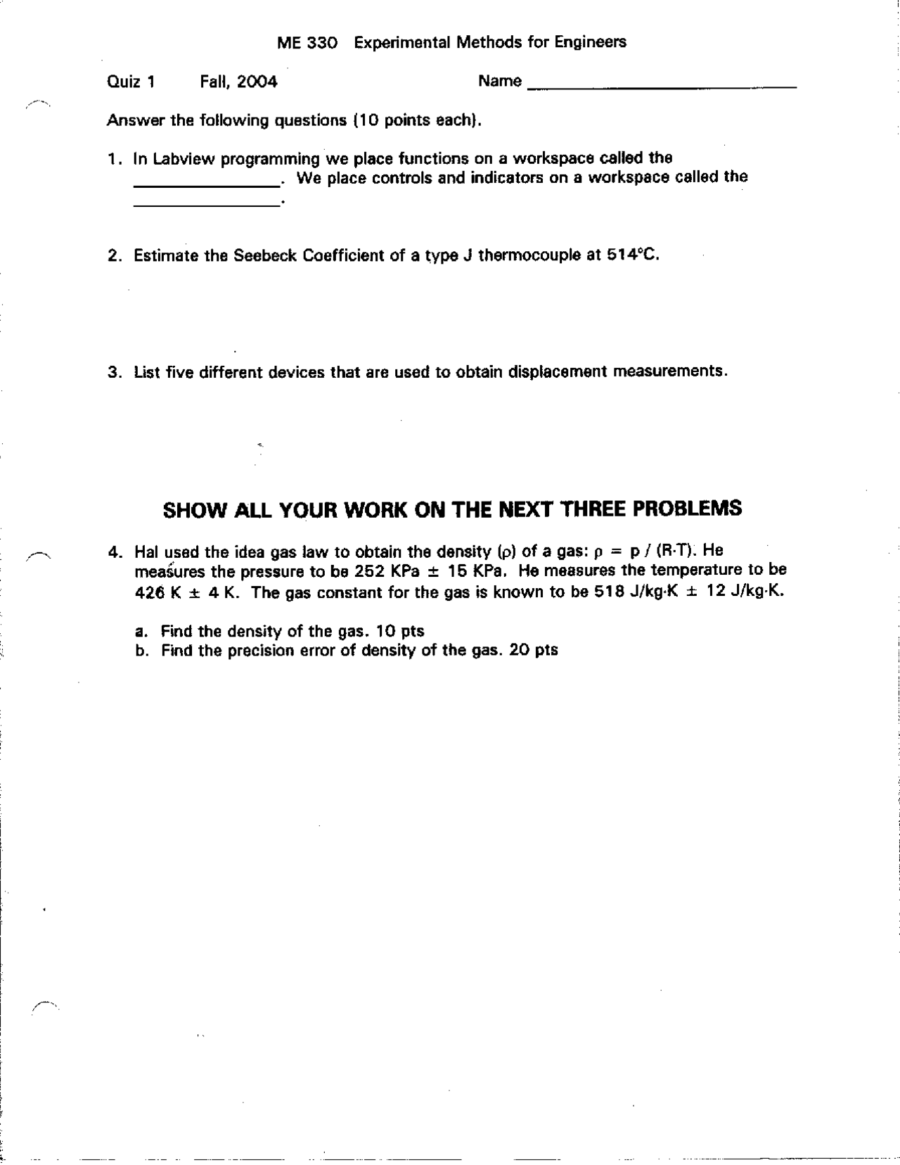Practice Quiz 1 Experimental Methods For Engineers Me 330 Quizzes