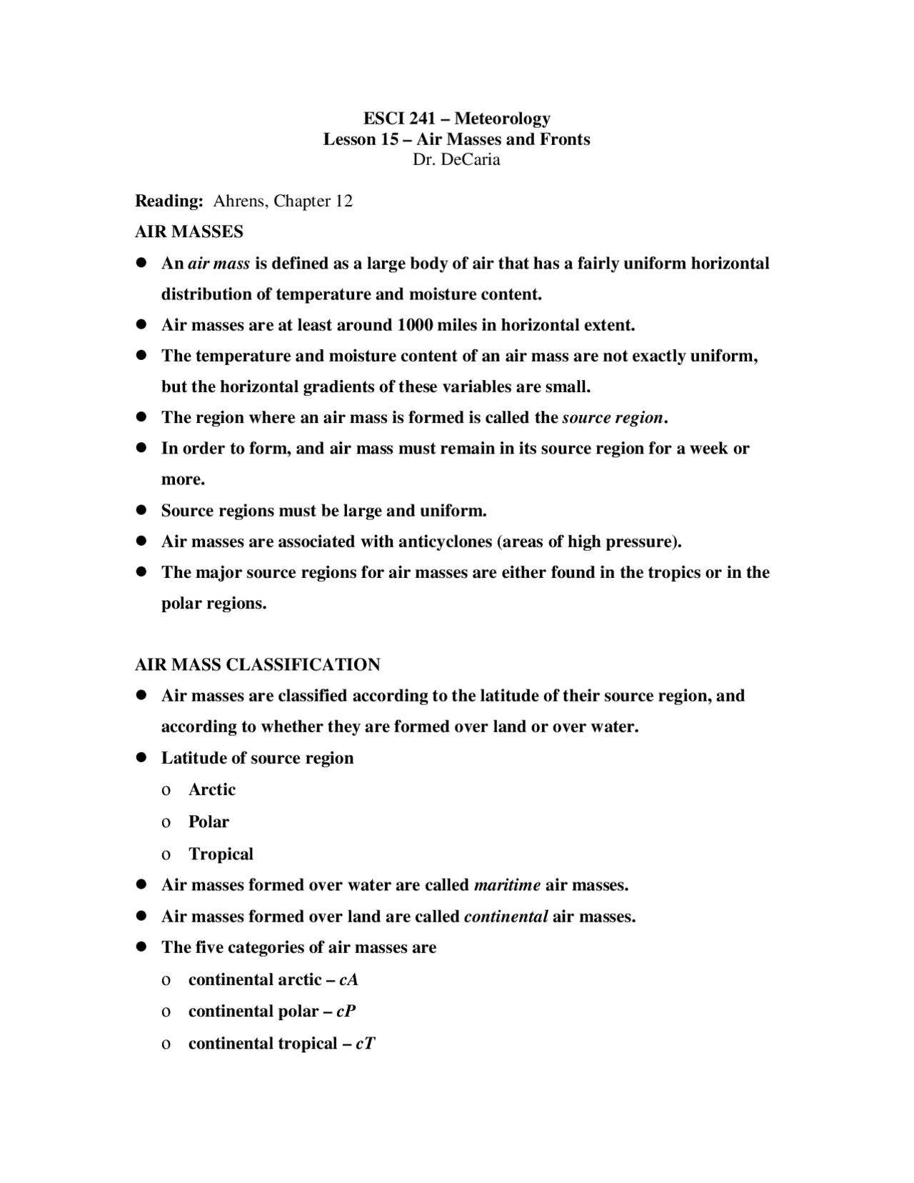 Air Masses And Fronts Meteorology Lab Lecture Notes Esci 241