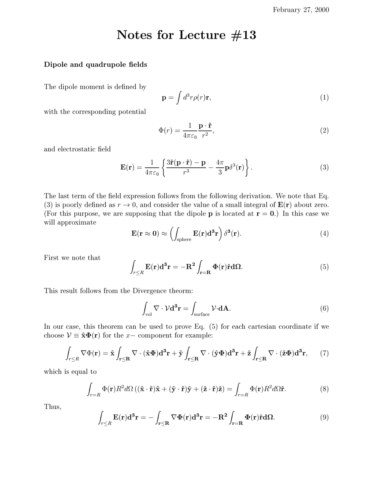 Notes On Dipole And Quadrupole Fields Electromagnetism Phy 712