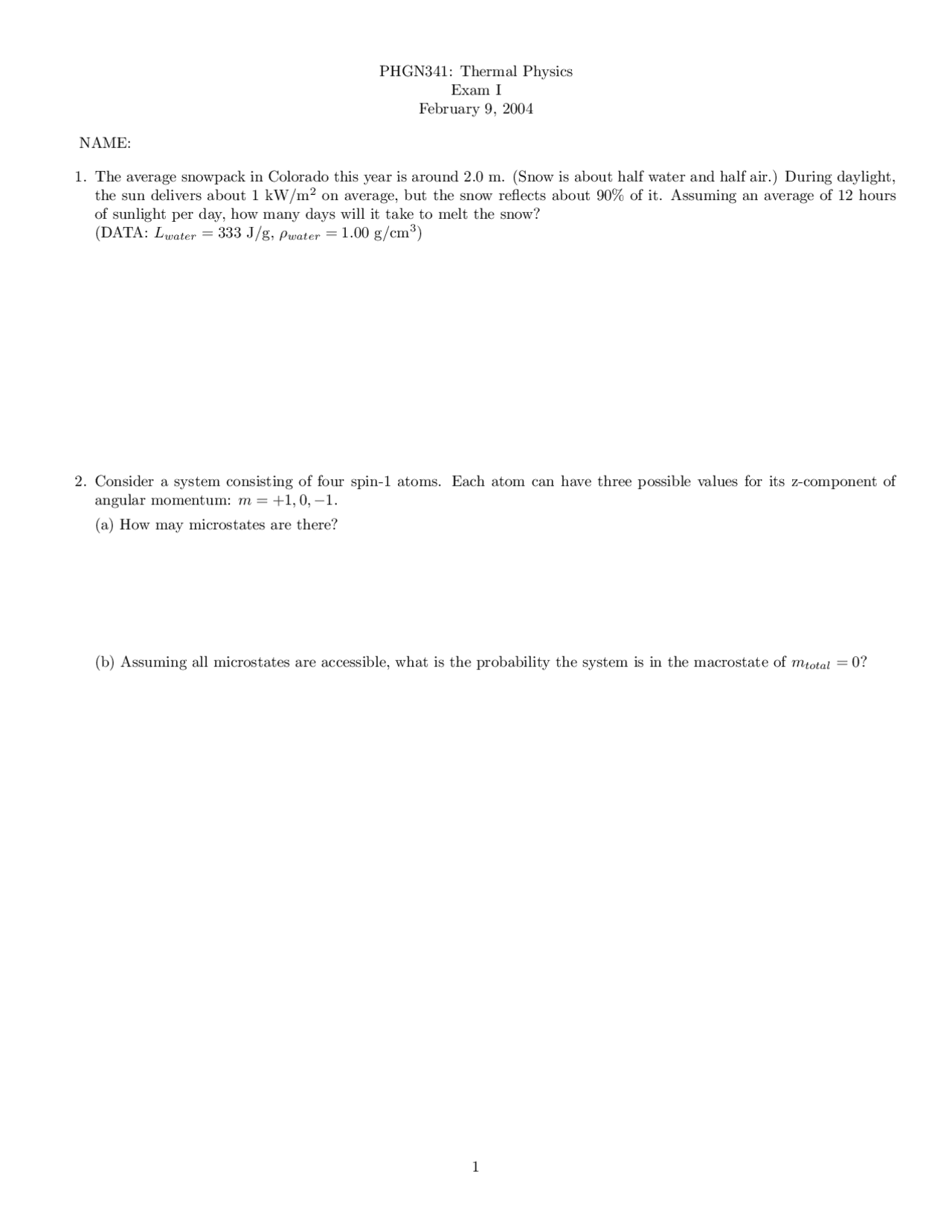 Exam I Questions Fall 2004 Thermal Physics Phgn 341 Docsity