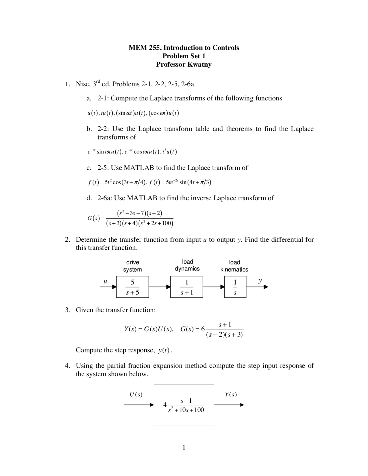 Problem Set 1 Introduction To Controls Mem 255 Docsity
